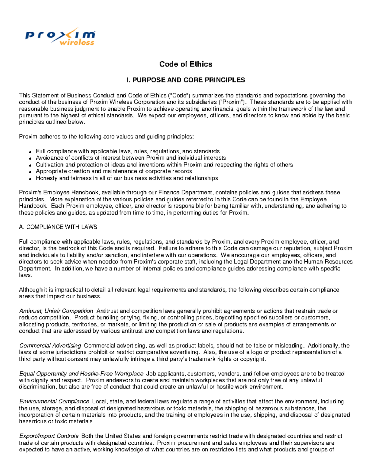 PRXM Web Doc 3994 - I want to learn - Code of Ethics I. PURPOSE AND ...