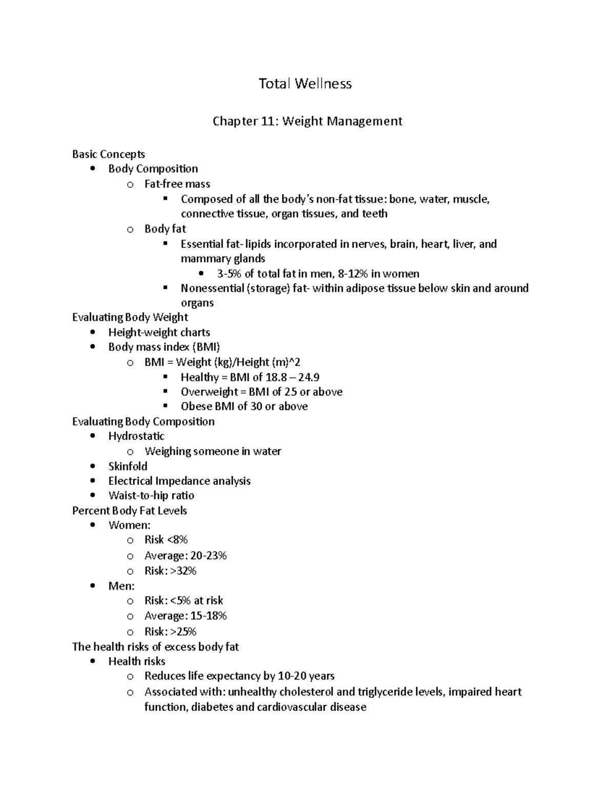Chapter Eleven - Total Wellness Chapter 11: Weight Management Basic ...