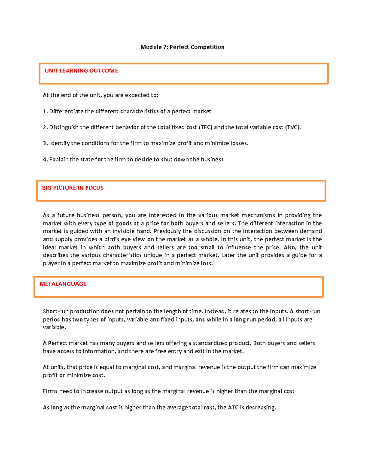 Module 7 Perfect competition - Module 7: Perfect Competition At the end ...