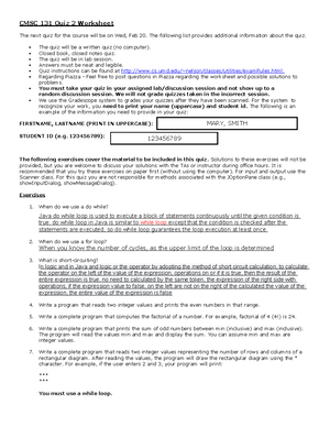 Quiz Worksheet 1 - quiz hint - Warning: TT: undefined function: 32 CMSC 131 Quiz 1 Worksheet The ...