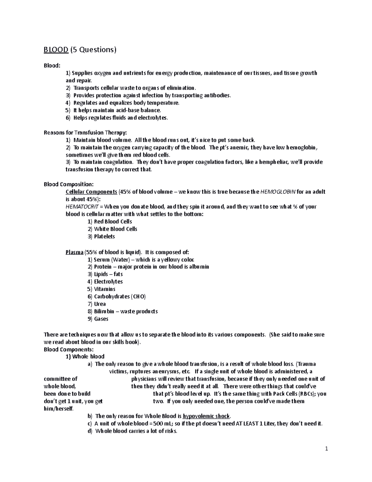 1 Blood - this notes will help you - BLOOD (5 Questions) Blood: 1 ...