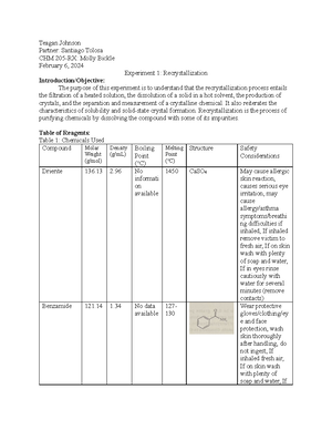 Experiment 2 Report - Teagan Johnson Partner: Santiago Tolosa CHM 205 ...