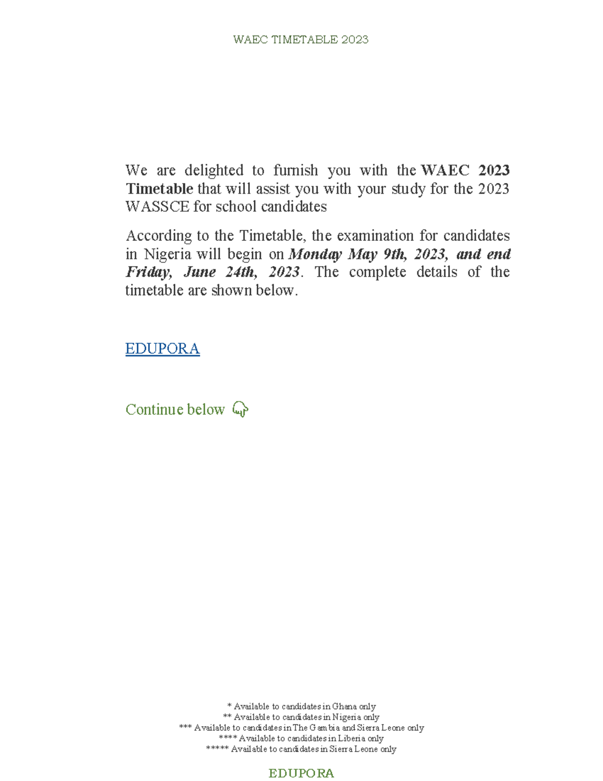 Download-WAEC- Timetable-2023- Edupora - * Available to candidates in ...