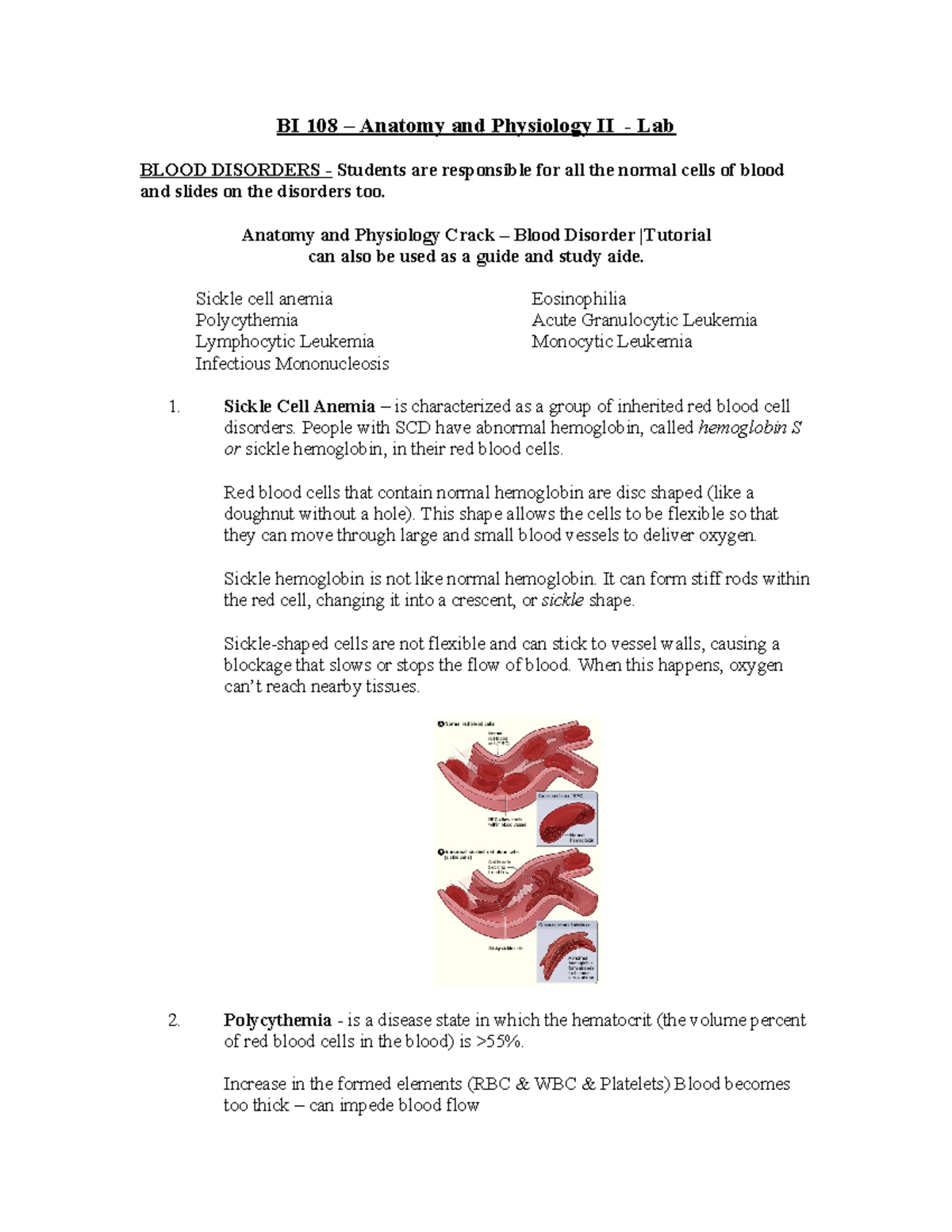 BI 108 – Blood disorder handout - BI 108 – Anatomy and Physiology II ...