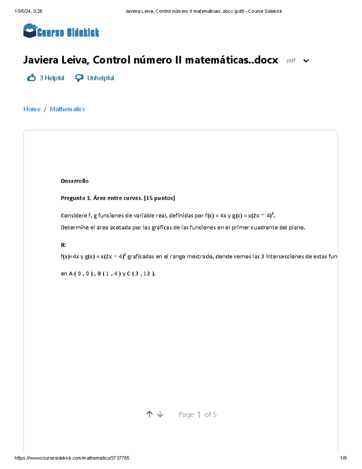 Control número II matemáticas..docx (pdf) - Course Sidekick - Javiera Leiva, Control número II ...