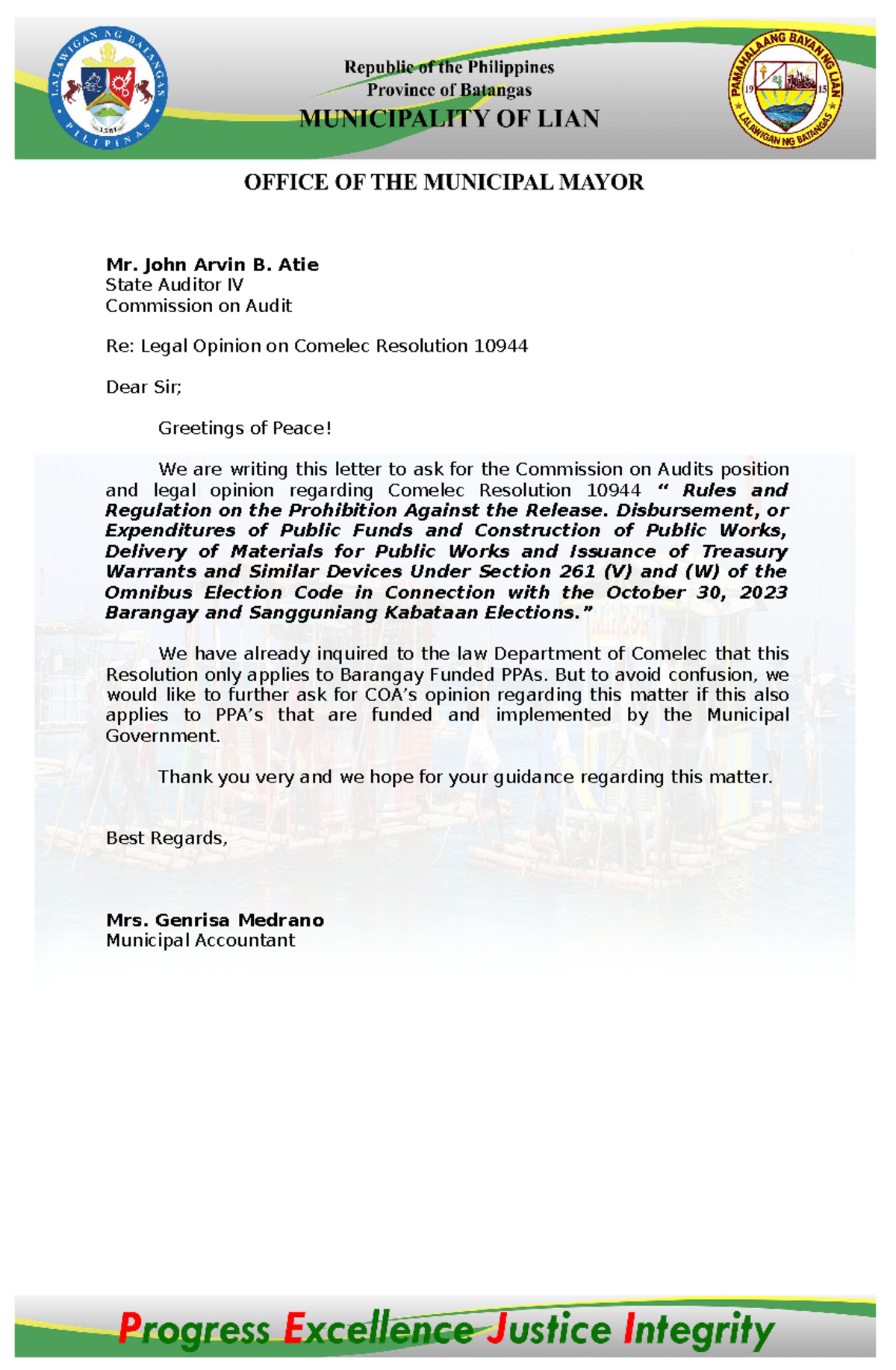Sample letter to president - Mr. John Arvin B. Atie State Auditor IV ...