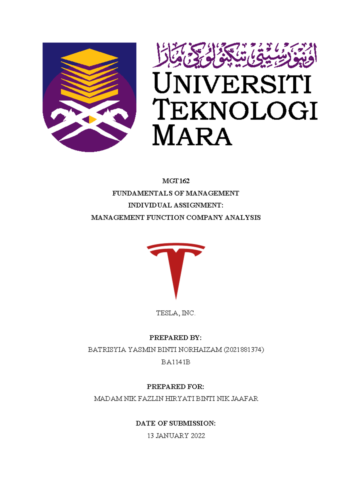 MGT162 Individual Assignment Batrisyiayasmin 2021881374 - MGT ...