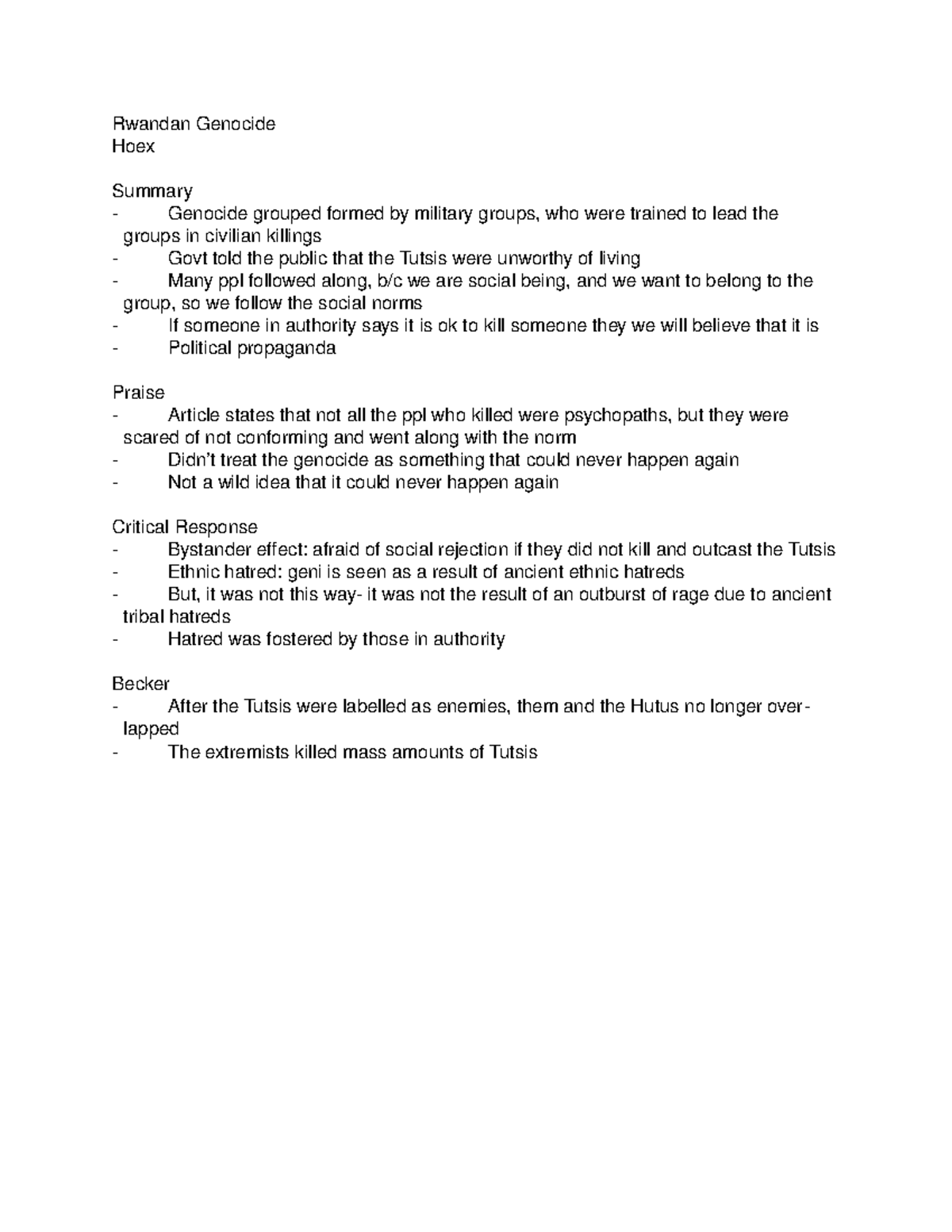 Lecture notes, lectures 5 - about rwandan genocide, the notes are form ...
