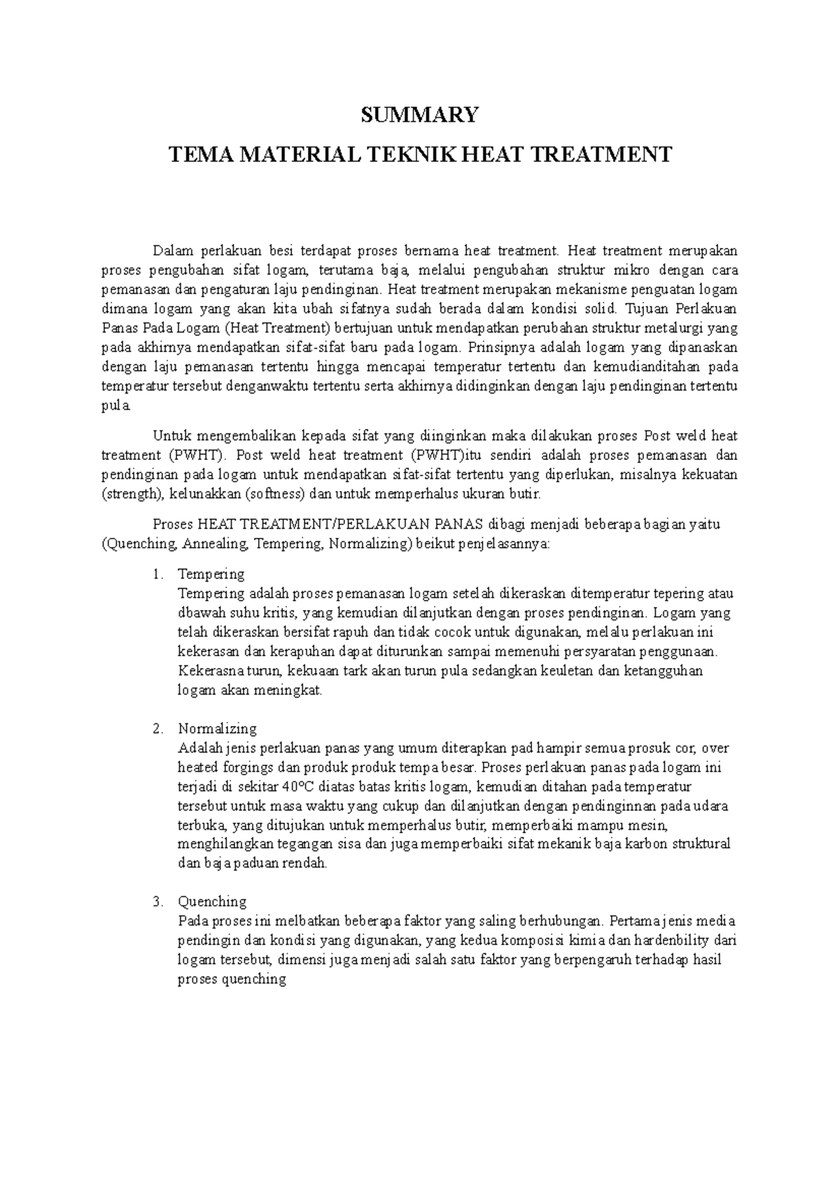 Summary TEMA Pembentukan Material - SUMMARY TEMA MATERIAL TEKNIK HEAT TREATMENT Dalam perlakuan ...