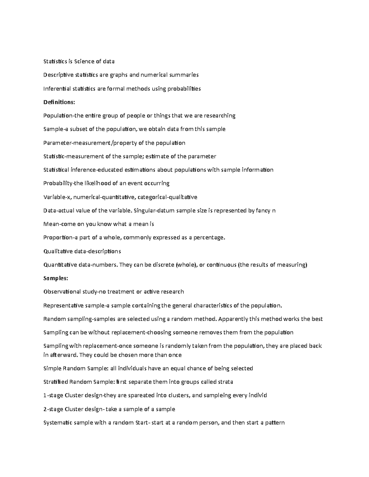 Stats notes - your mom - Statistics is Science of data Descriptive ...