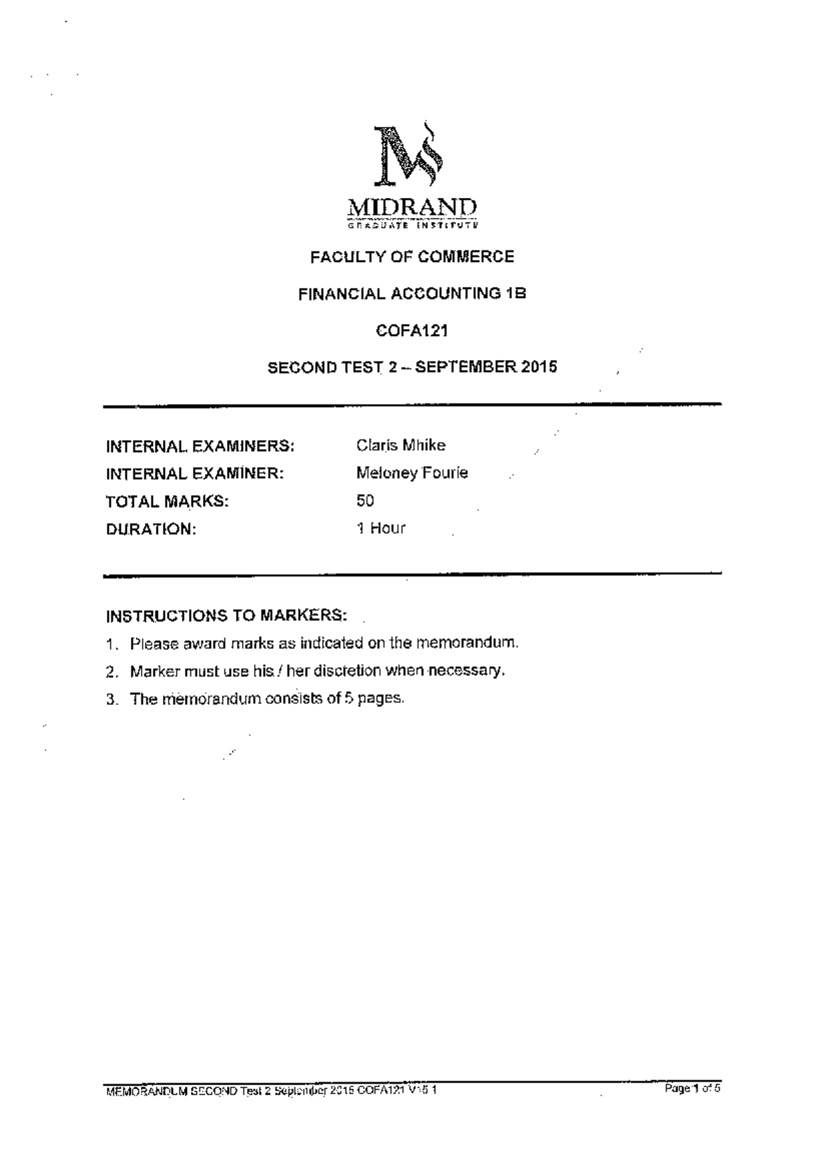 COFA121 2015 Semester 2 Test 2 Memo - N MIDRAND GRADUATE INSTITUTE ...