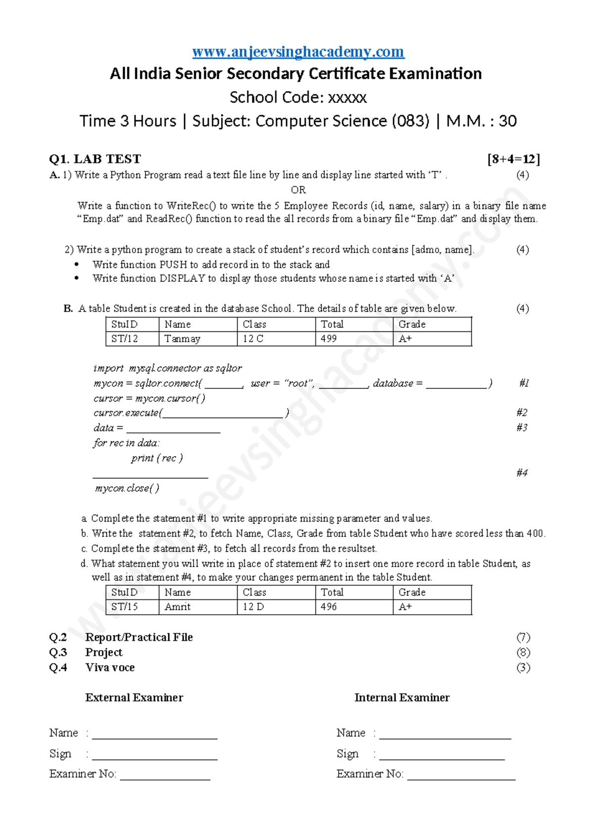 Aissce Computer Science Practicals QP 2 - anjeevsinghacademy All India Senior Secondary ...