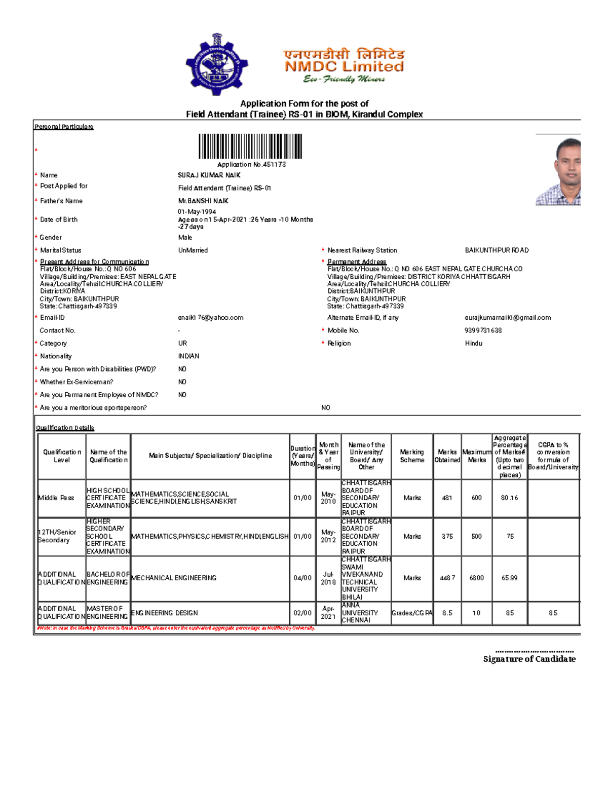 NMDC-Online Application 2021 - Application Form for the post of Field Attendant (Trainee) RS-01 ...