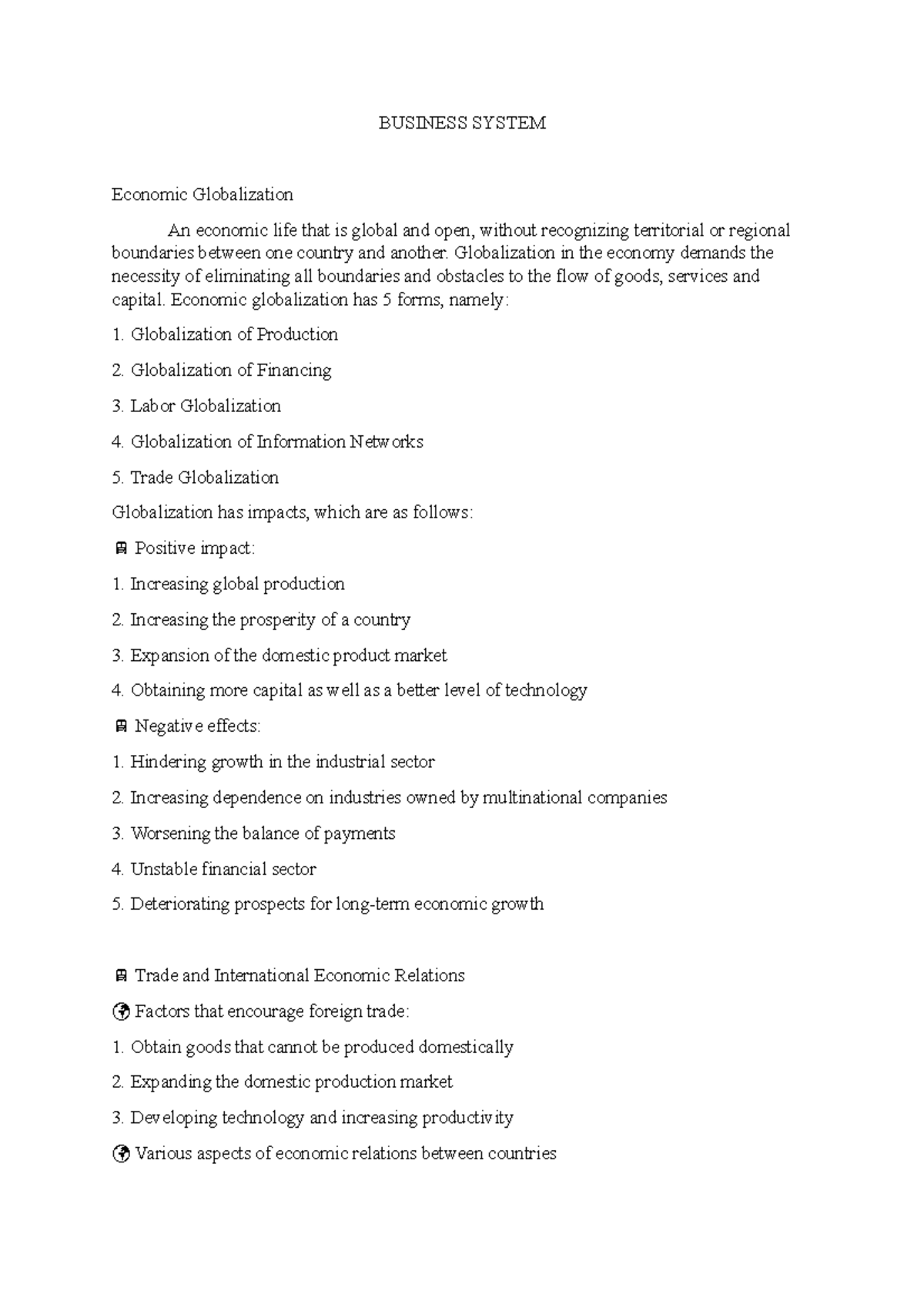 Business System - BUSINESS SYSTEM Economic Globalization An economic ...