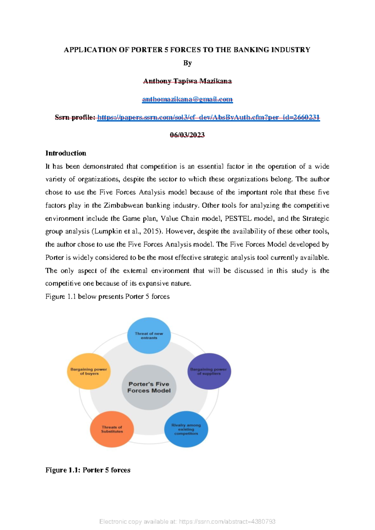 SSRN-id4380793 - APPLICATION OF PORTER 5 FORCES TO THE BANKING INDUSTRY ...