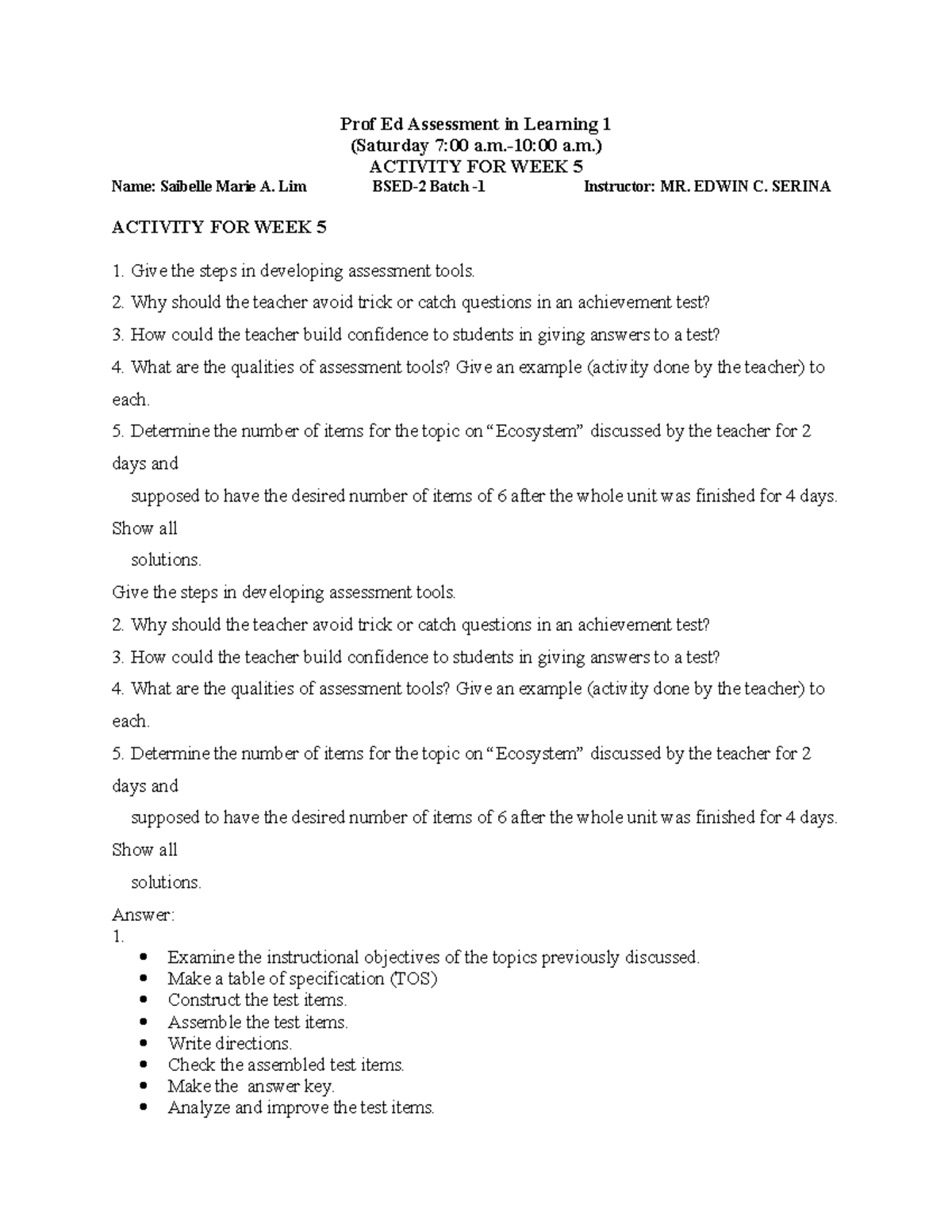 Week 5 - Assessment Learning 1 - week 5 - Prof Ed Assessment in ...