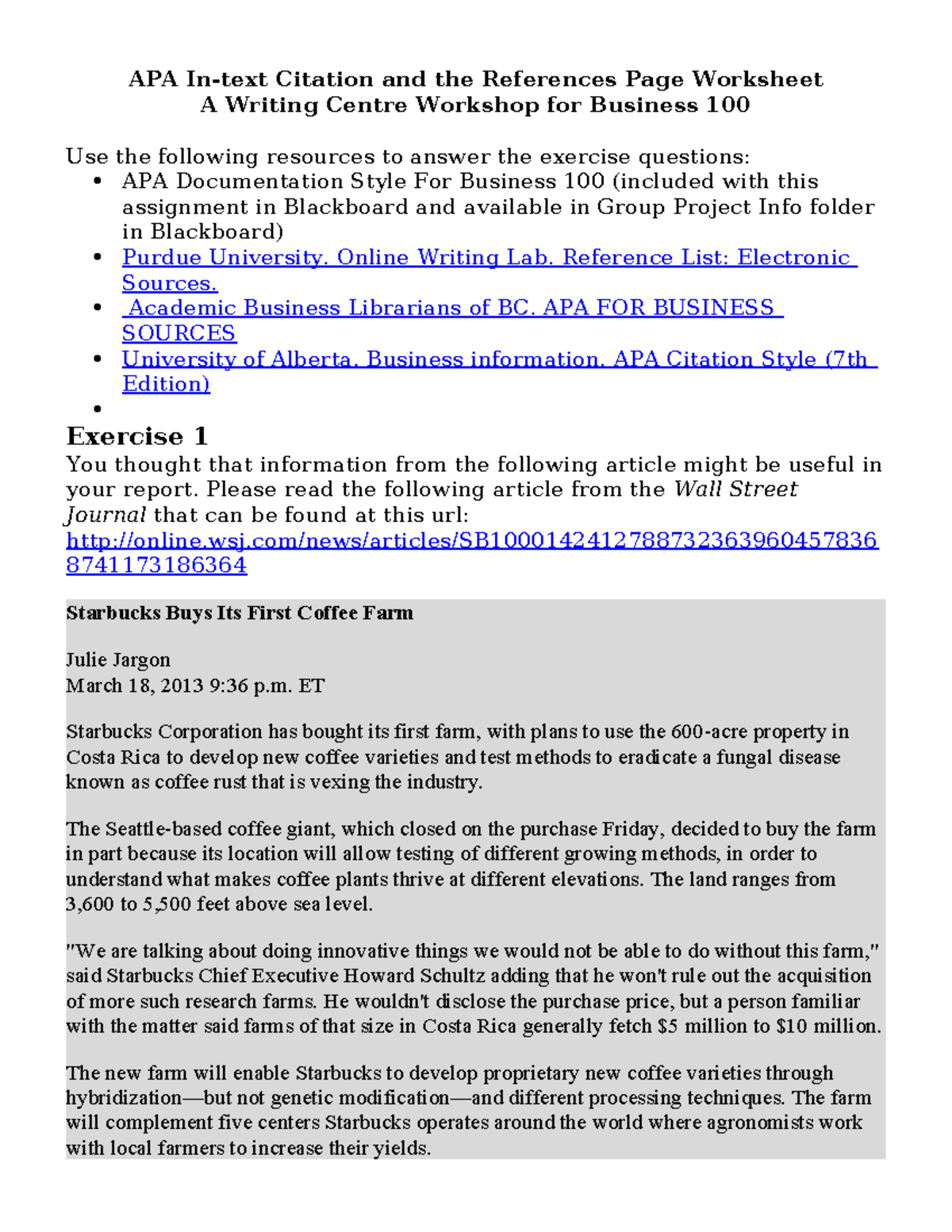 APA Exercise Worksheet Updated F2023 - APA In-text Citation and the ...