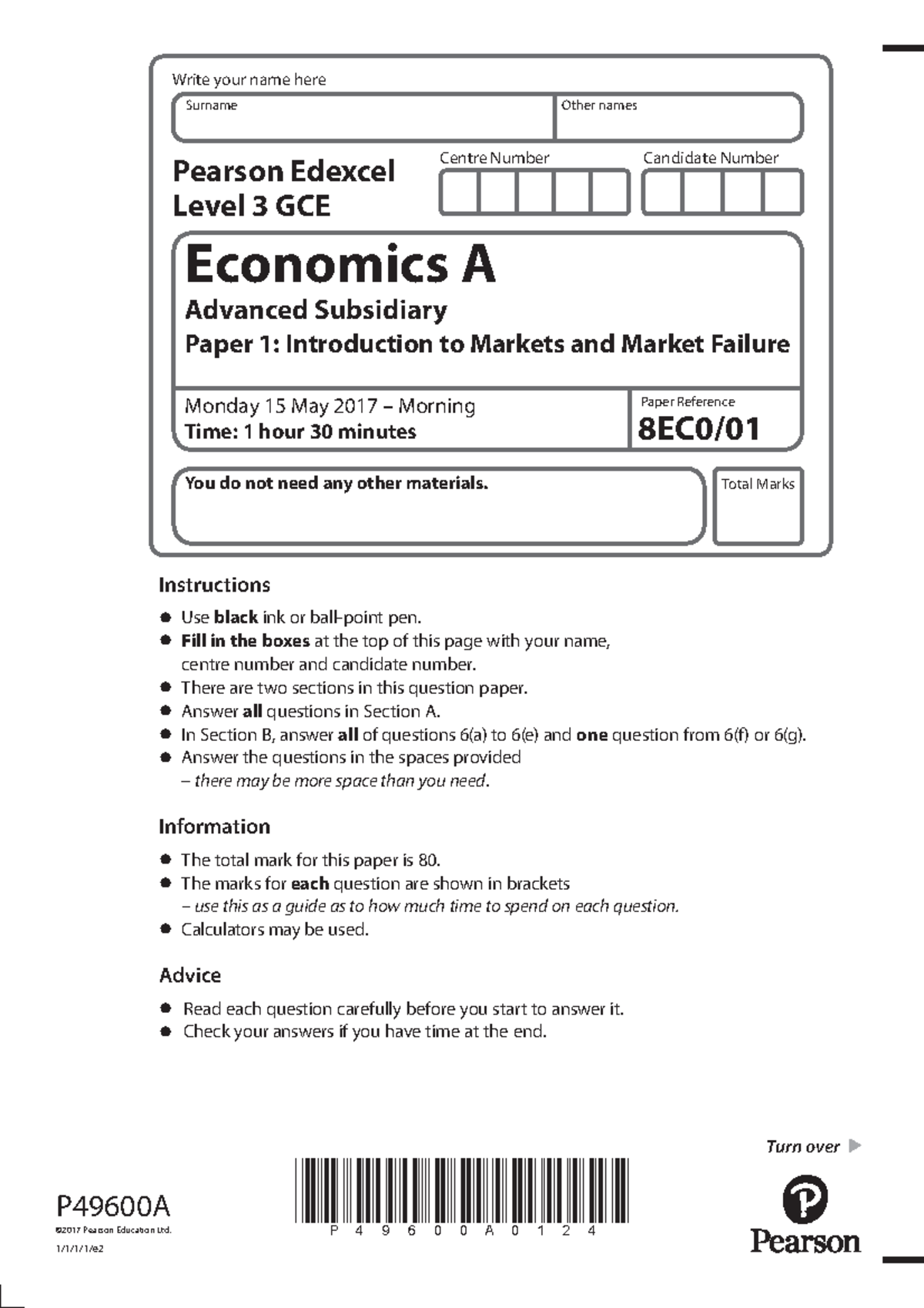 June 2017 QP - Paper 1 Edexcel (A) Economics AS-level - Centre Number ...