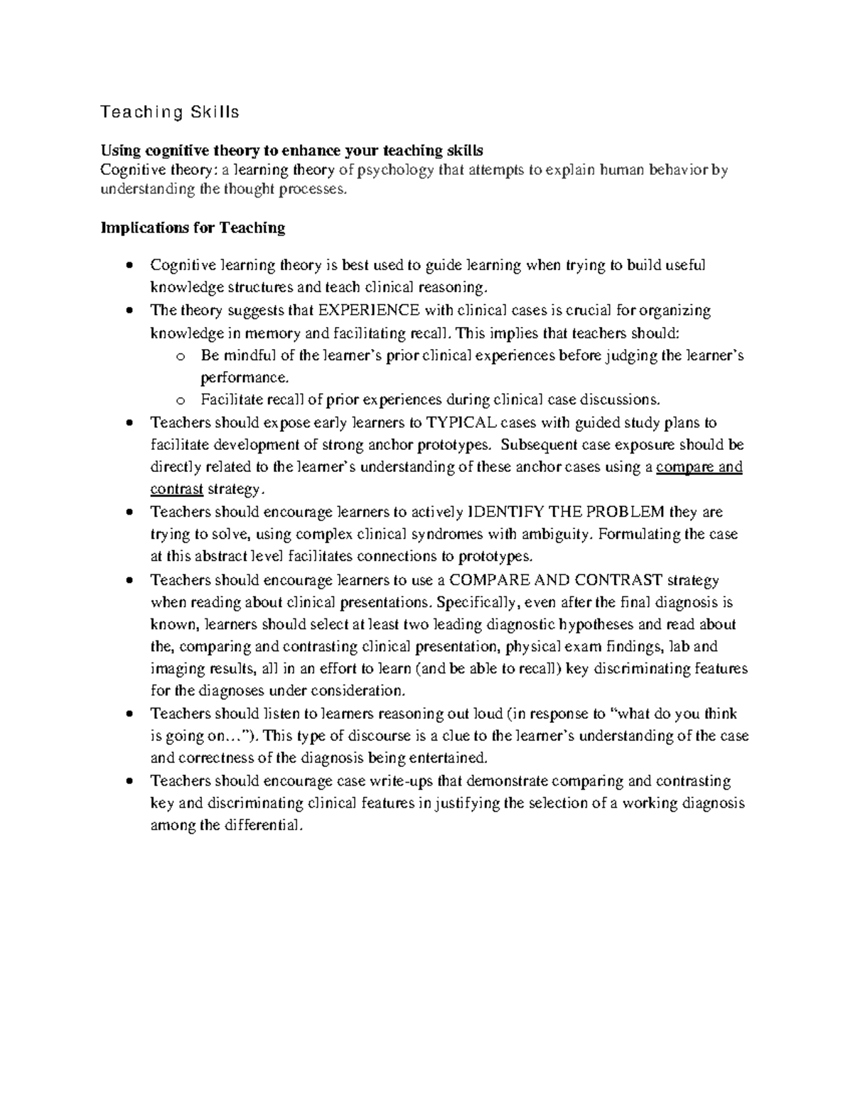 Cognitive Teaching Theory Summary - Te a ch i n g Sk i l l s Using ...