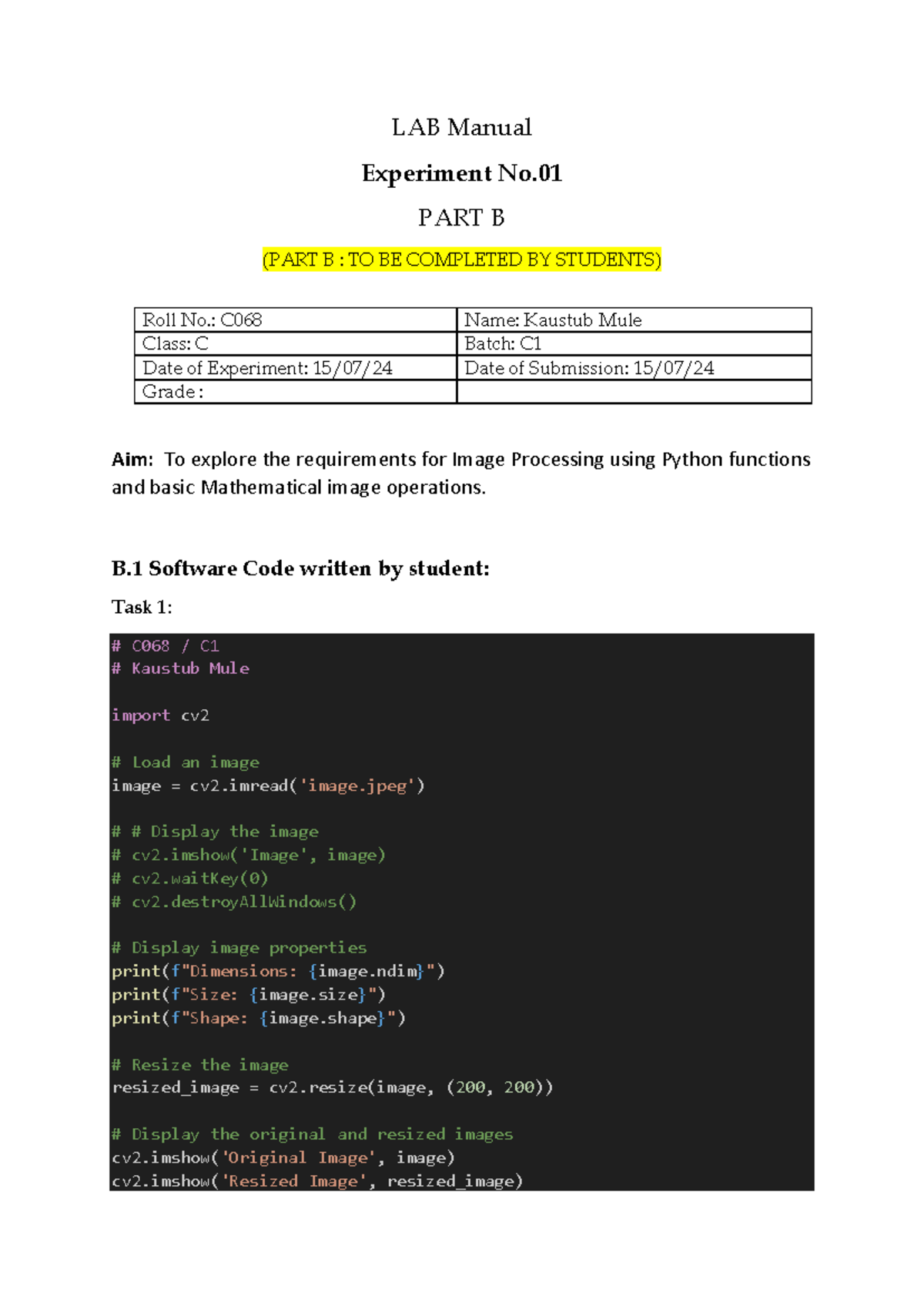 C068 Lab 1 IVP - lab file - LAB Manual Experiment No. PART B (PART B : TO BE COMPLETED BY ...