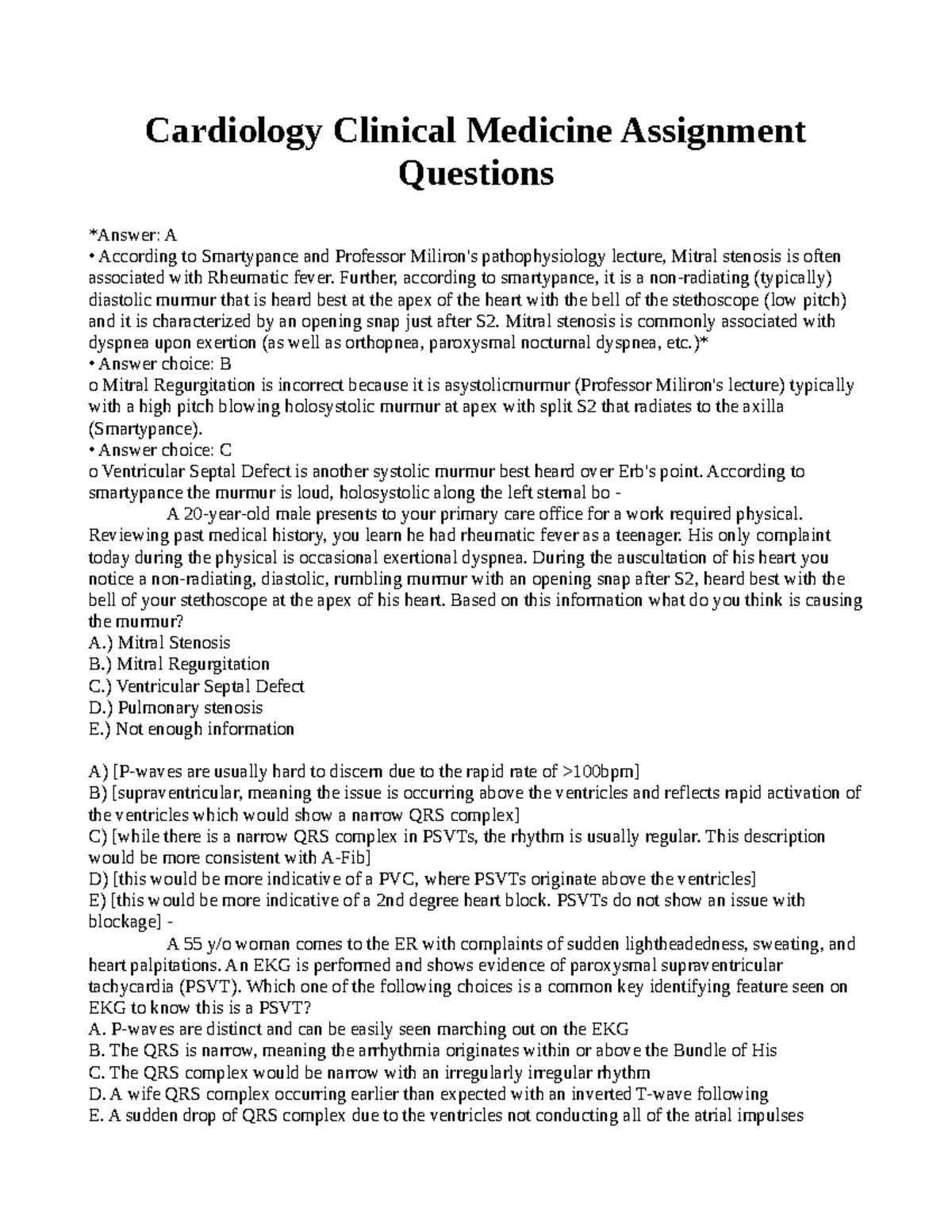 Cardiology Clinical Medicine Assignment Questions - Cardiology Clinical ...