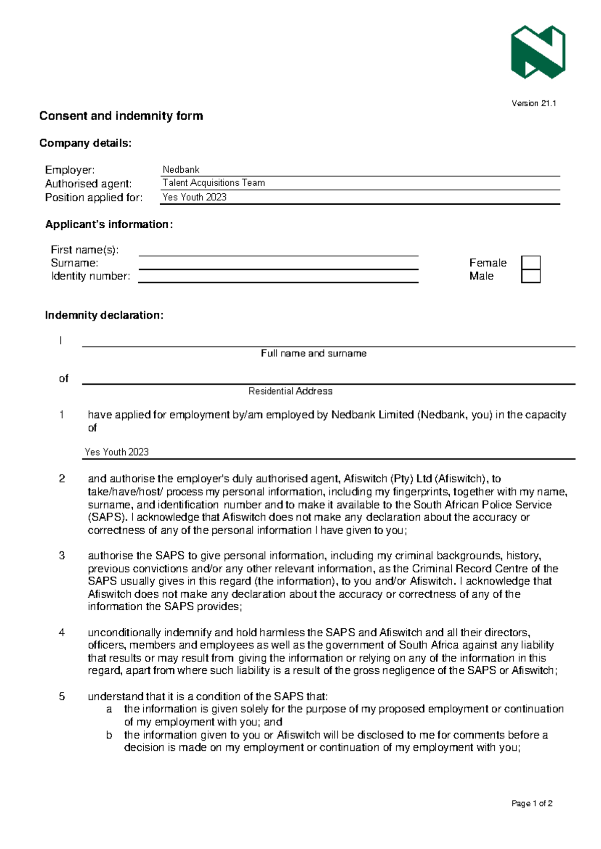 Yes 2023 consent and indemnity form - Page 1 of 2 Version 21. Consent ...