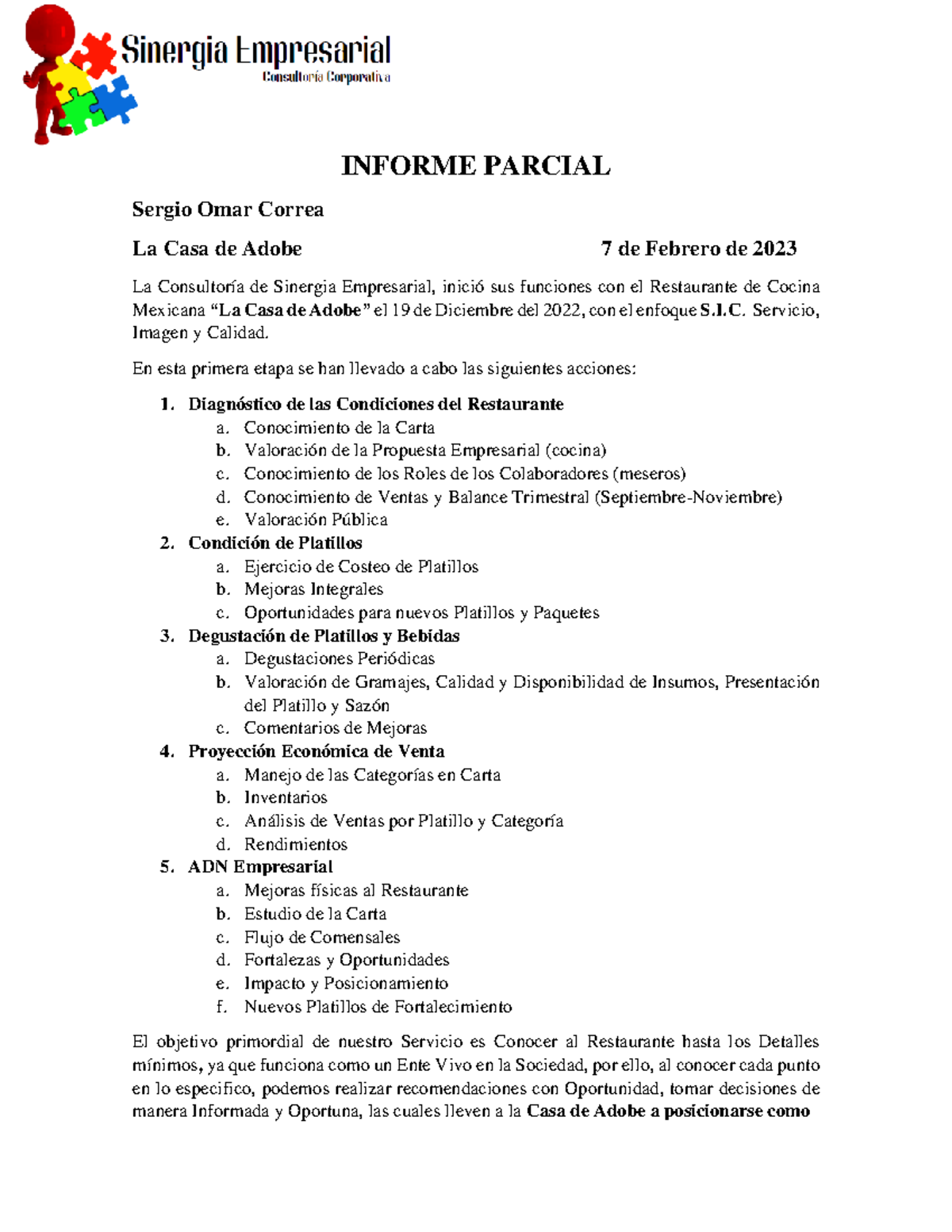 Informe Parcial - ESTUDIO - INFORME PARCIAL Sergio Omar Correa La Casa ...