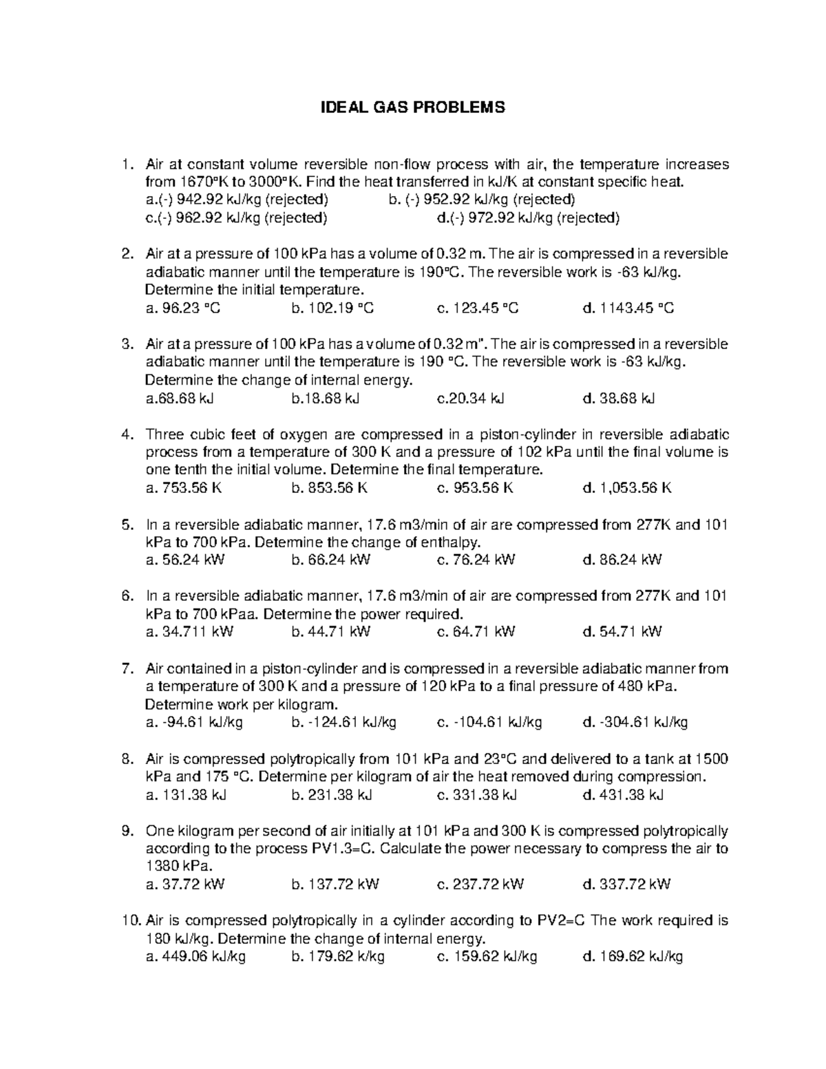 Ideal GAS Problem PART 2 - IDEAL GAS PROBLEMS Air at constant volume ...