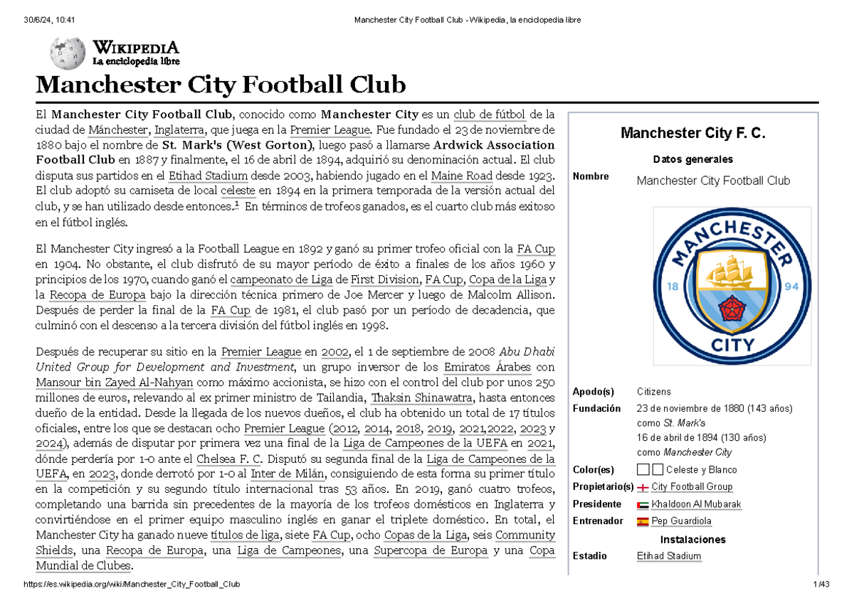 Manchester City Football Club - Manchester City F. C. Datos generales ...