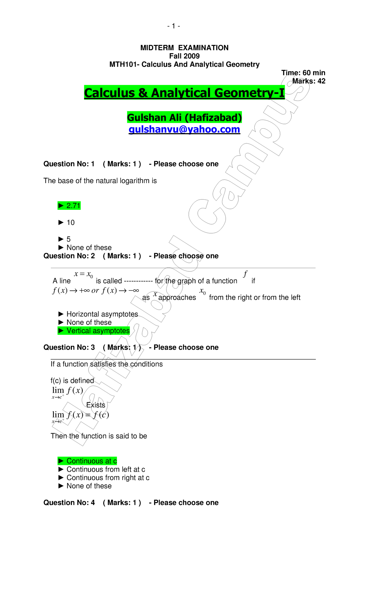 MTH101 Mid Term Past Paper BY Asfand YARR (22) - MIDTERM EXAMINATION Fall 2009 MTH101- Calculus ...