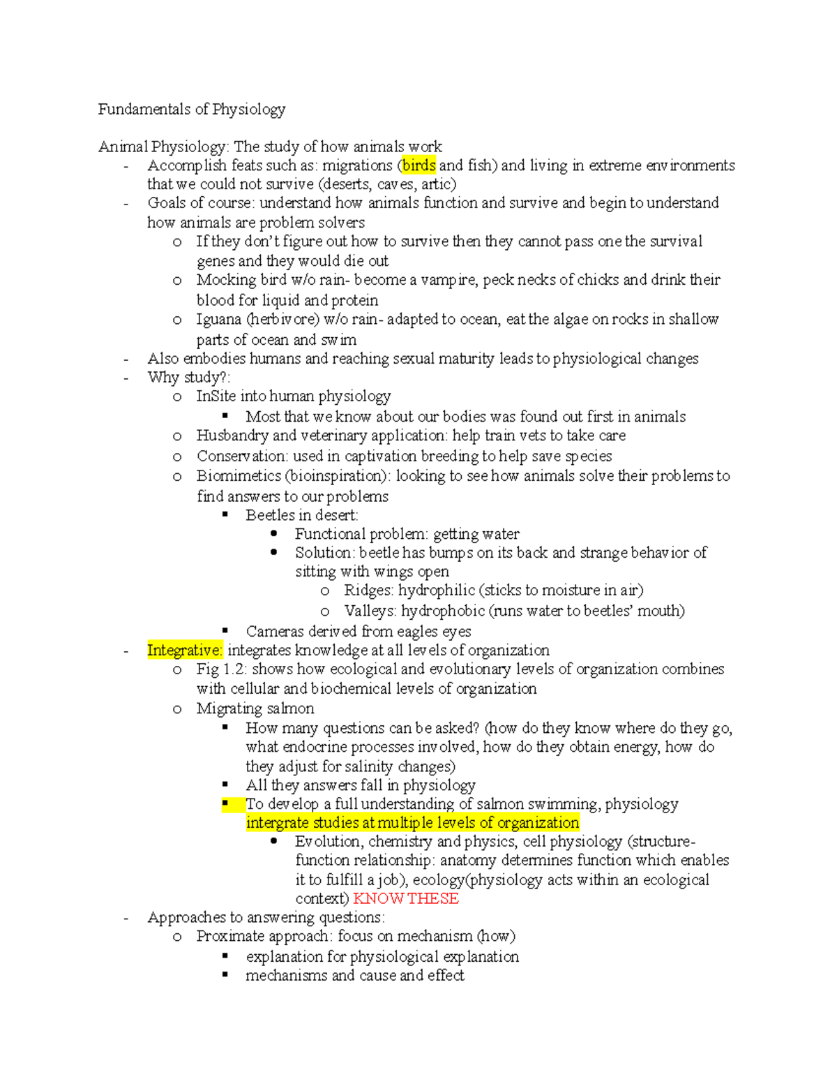 Test 1 notes - Fundamentals of Physiology Animal Physiology: The study ...