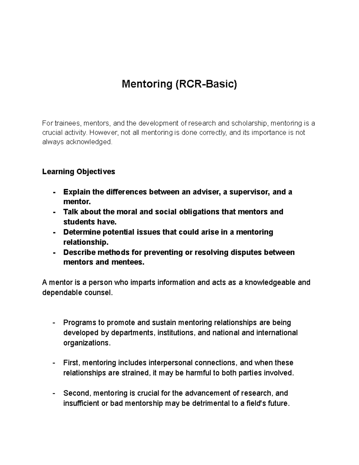 CTI Training - Mentoring (RCR-Basic) For trainees, mentors, and the development of research and ...