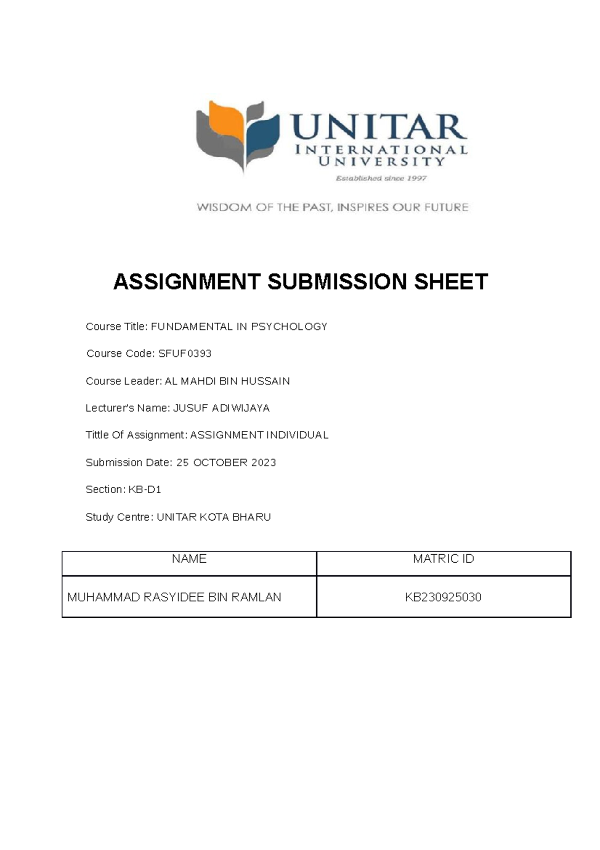 Assignment Psychology - ASSIGNMENT SUBMISSION SHEET Course Title ...
