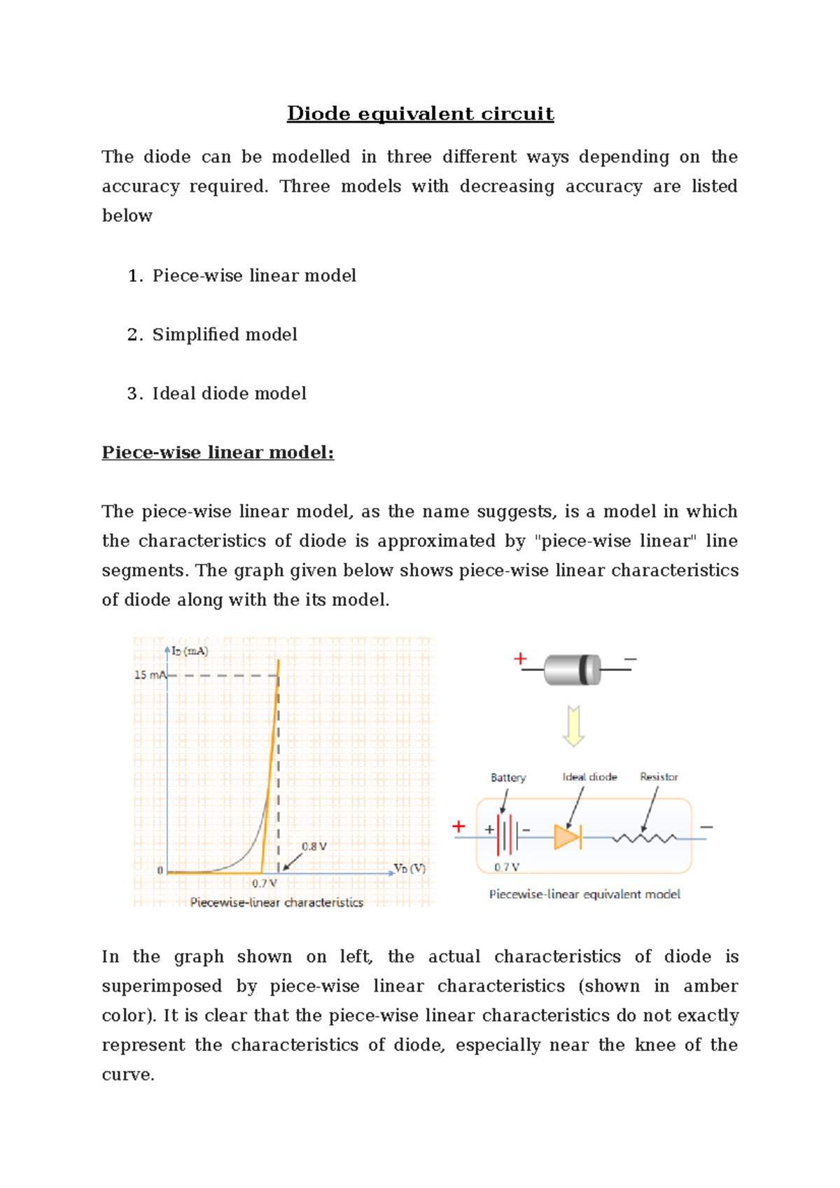 Diode equivalent circuit - Three models with decreasing accuracy are ...