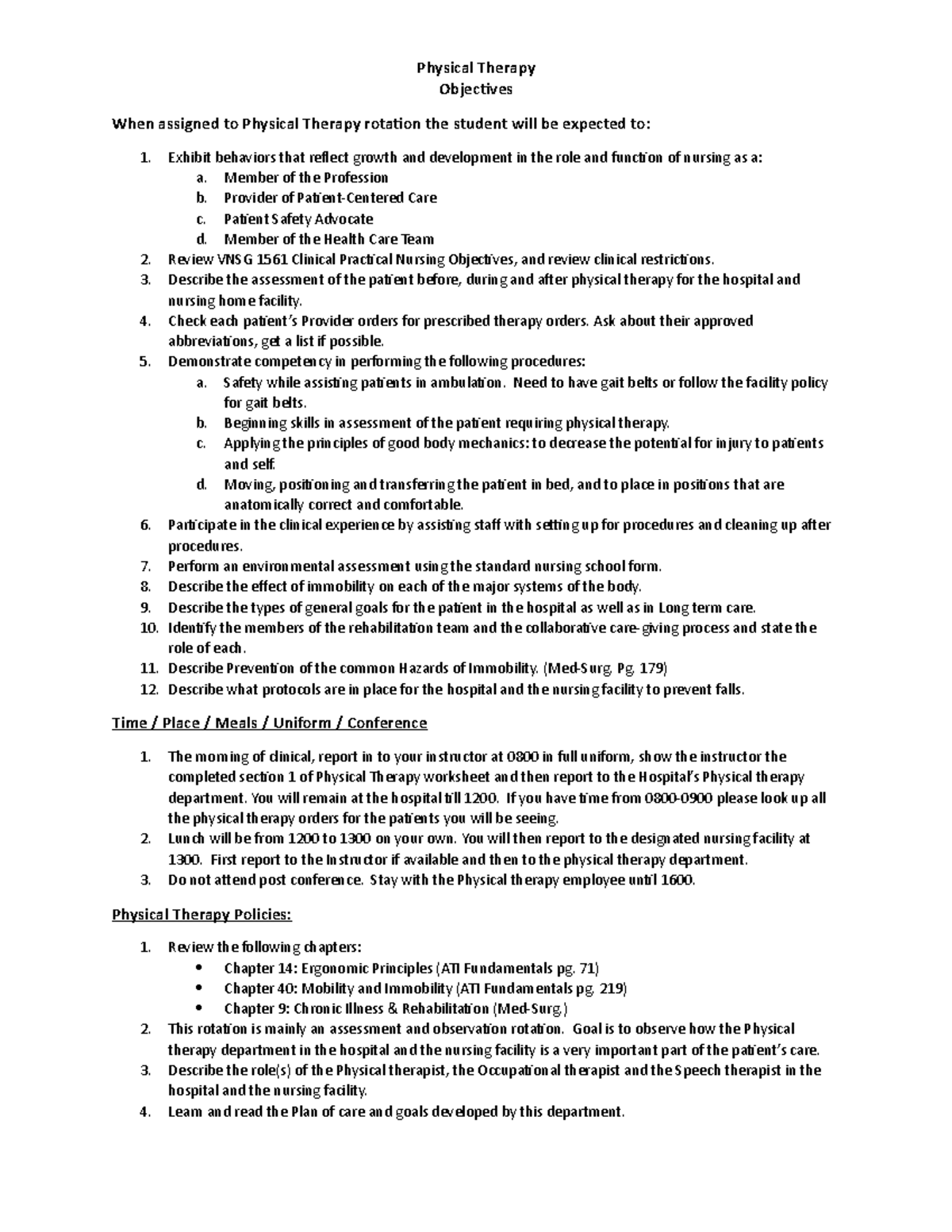 Physical Therapy Objectives and Worksheet - Objectives When assigned to ...