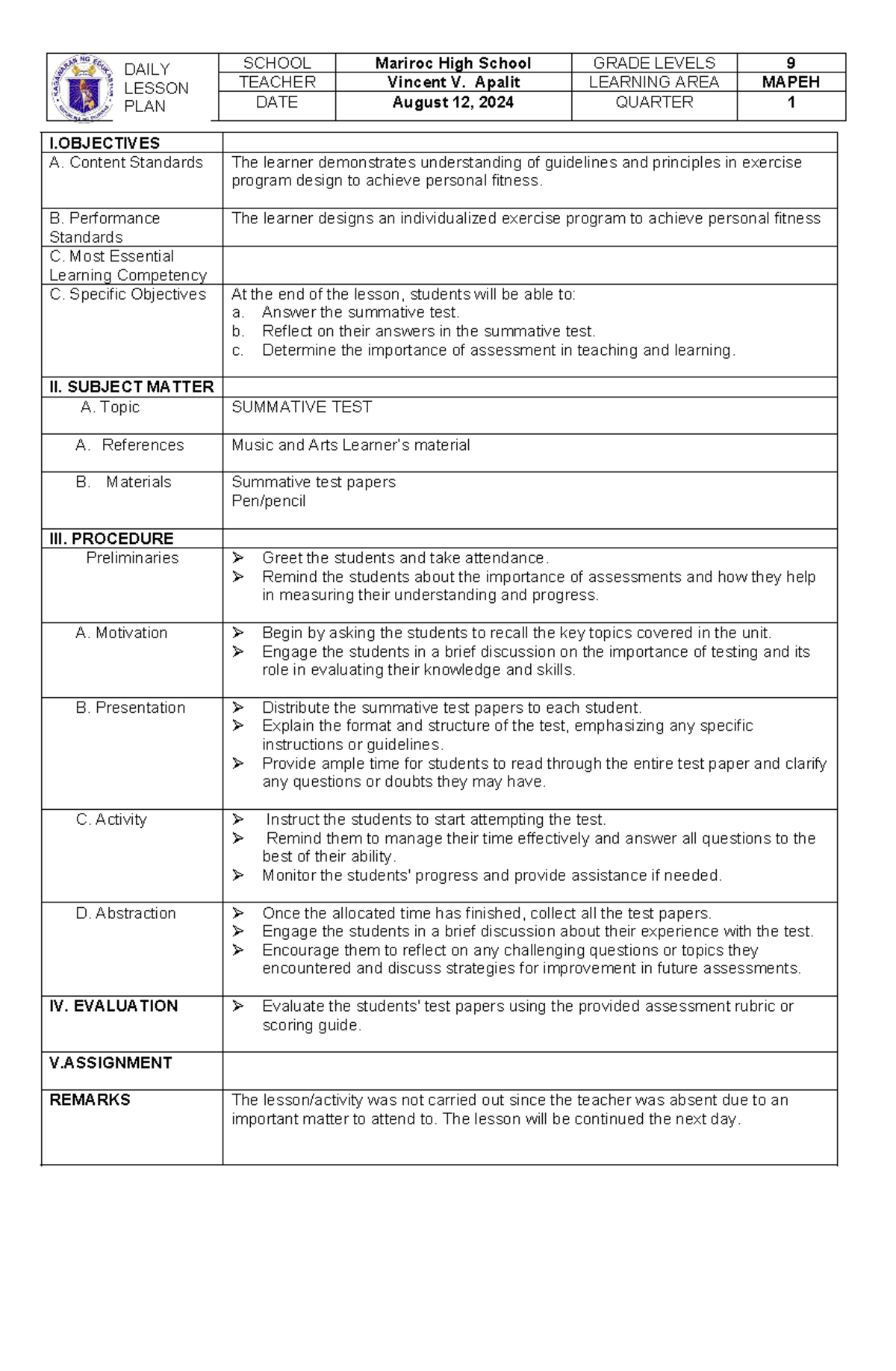 DLL 1 Summative TEST - DLL - SCHOOL Mariroc High School GRADE LEVELS 9 ...