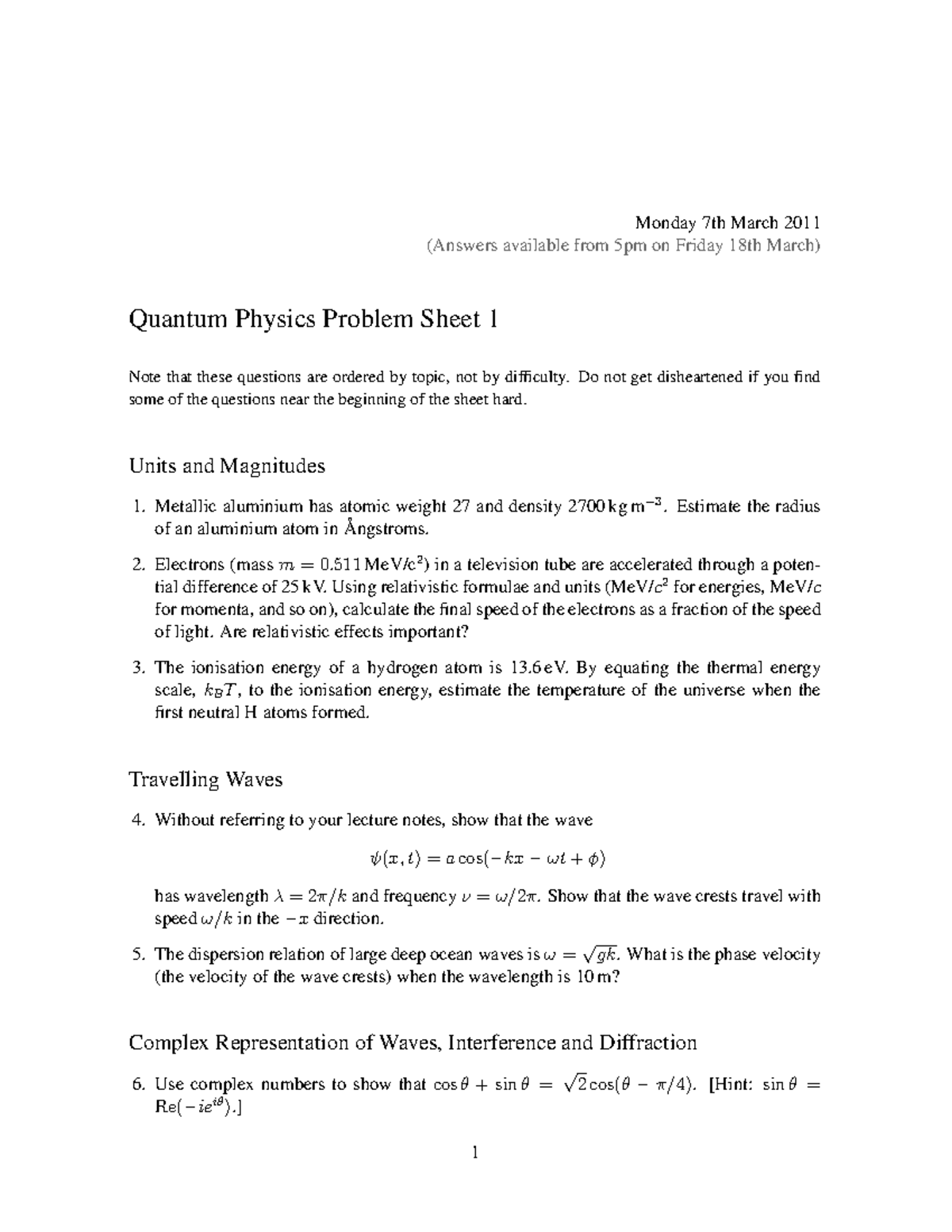 Quantum Physics 2010-2011 Problem Sheet 1 - Monday 7th March 2011 ...