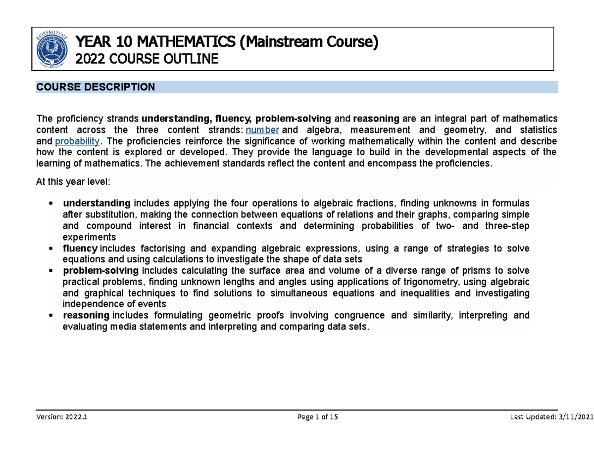 2022 Year 10 General Programme v1 - YEAR 10 MATHEMATICS (Mainstream ...