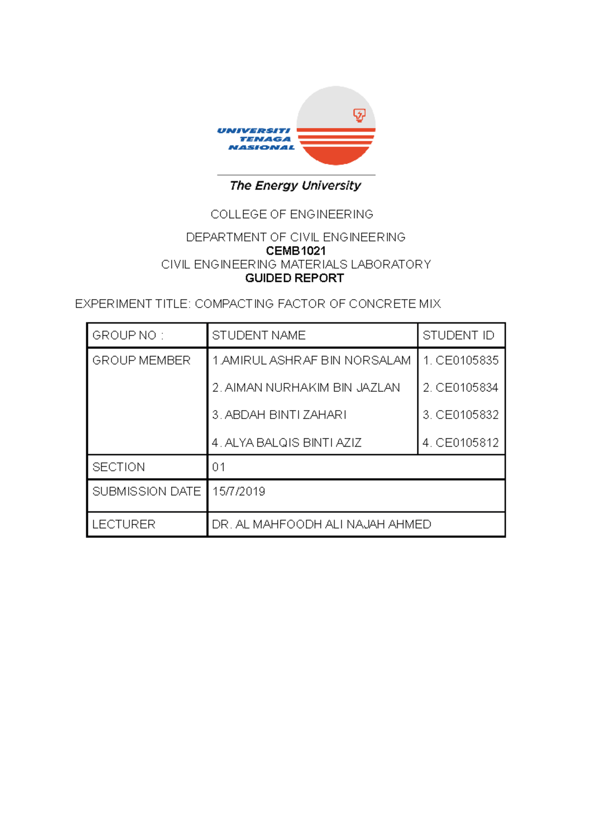 Exp6 - Guided lab report for civil engineering material lab - COLLEGE ...