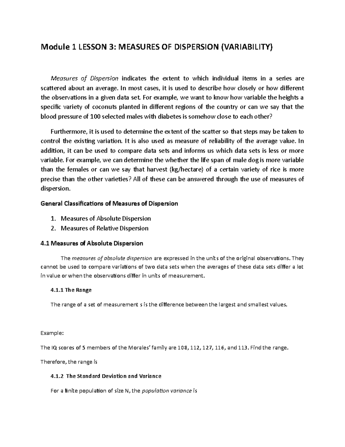 MD - Teeest - Module 1 LESSON 3: MEASURES OF DISPERSION (VARIABILITY ...