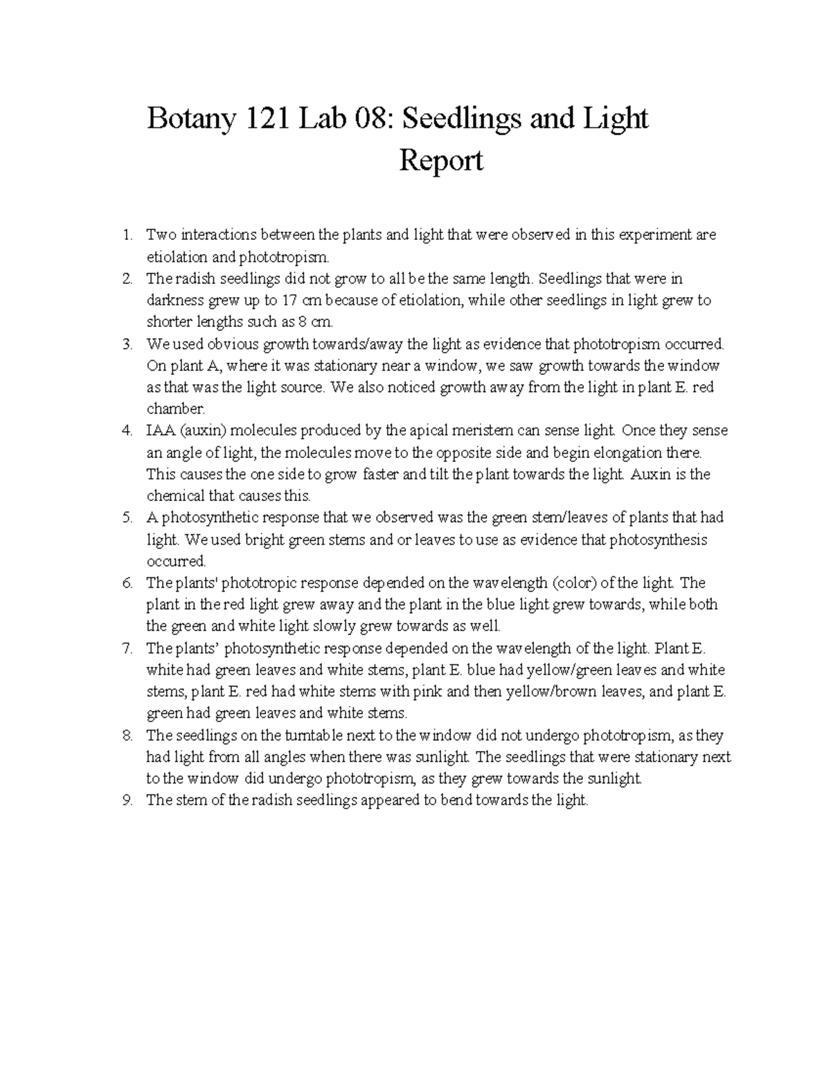 Seedlings+light lab - seedlings and light lab report - Botany 121 Lab ...