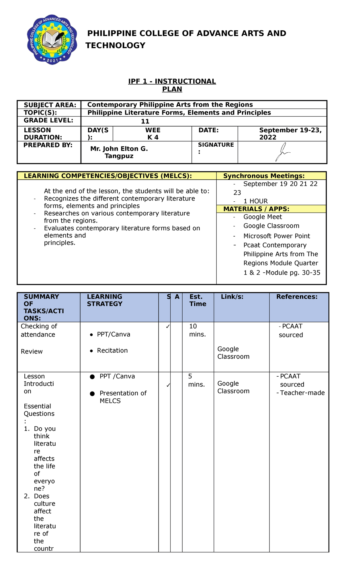 Carts Week 4 IPF - for reference - IPF 1 - INSTRUCTIONAL PLAN SUBJECT ...