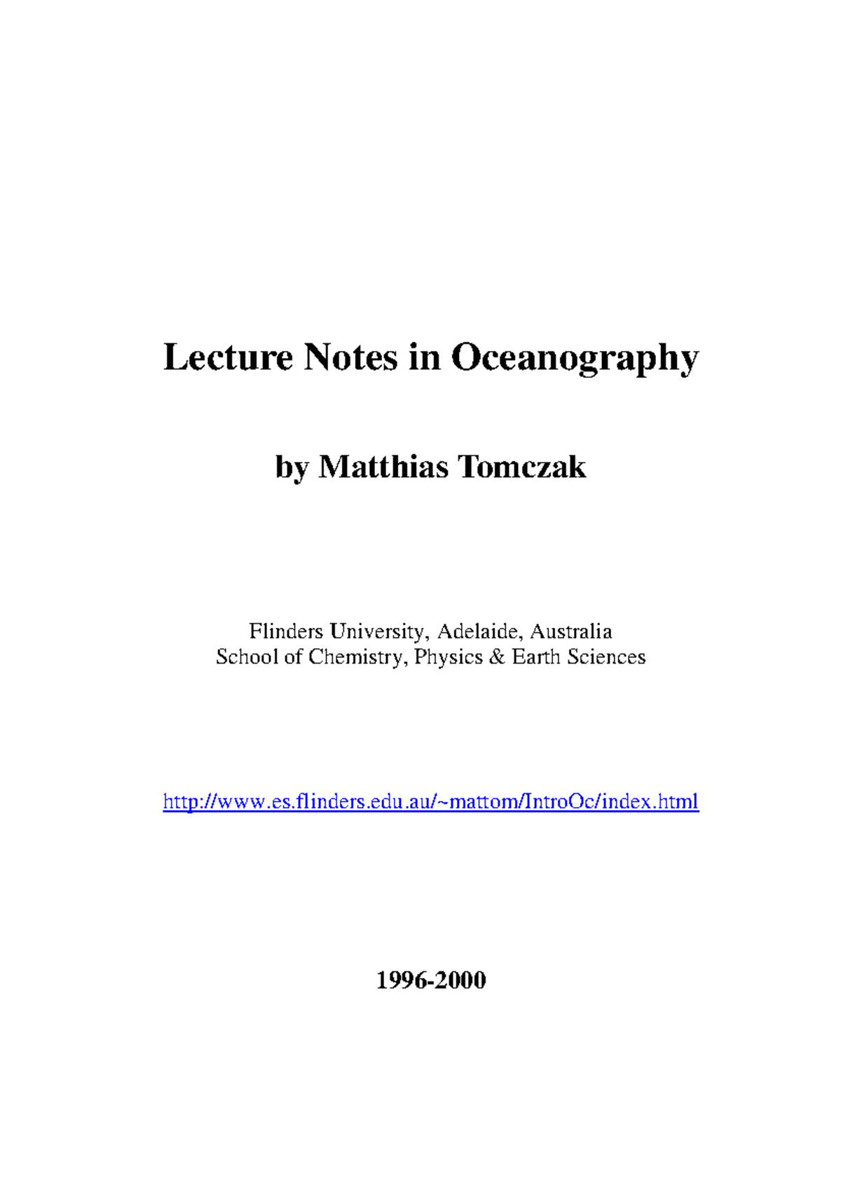 Intro Ocean Tomczak Lecture Notes Lecture Notes In Oceanography By