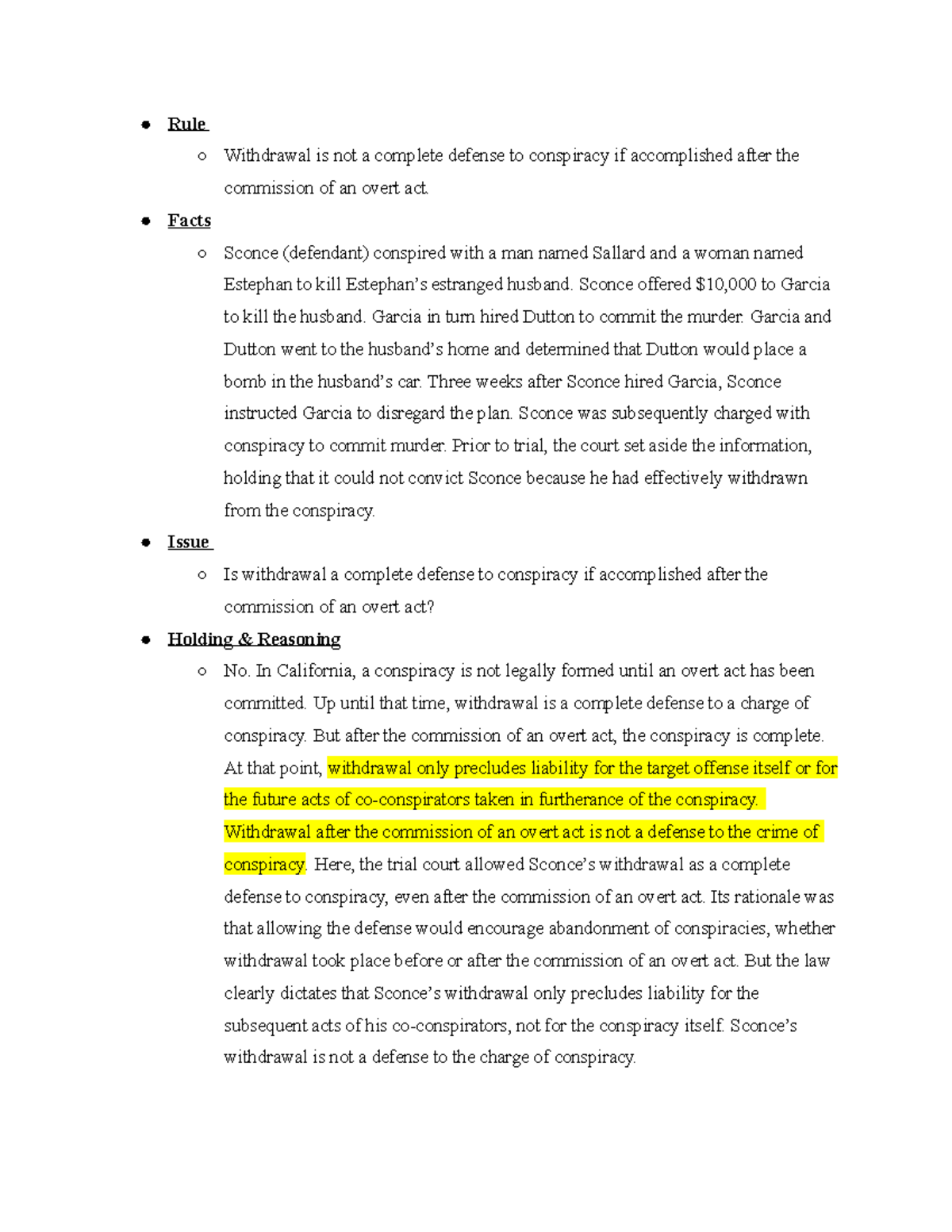 Criminal Law 2022- People v. Sconce - Rule Withdrawal is not a complete ...