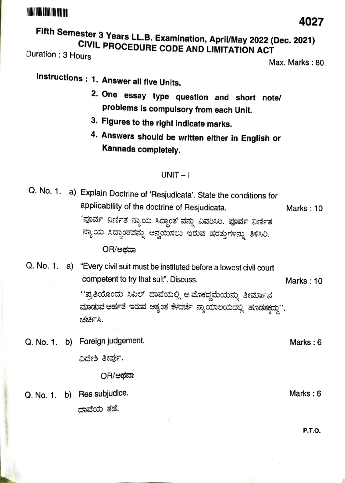 Cpc 5th sem April 2022 - Question paper - Fifth Semester 3 Years LL. Examination, April/May 2022 ...