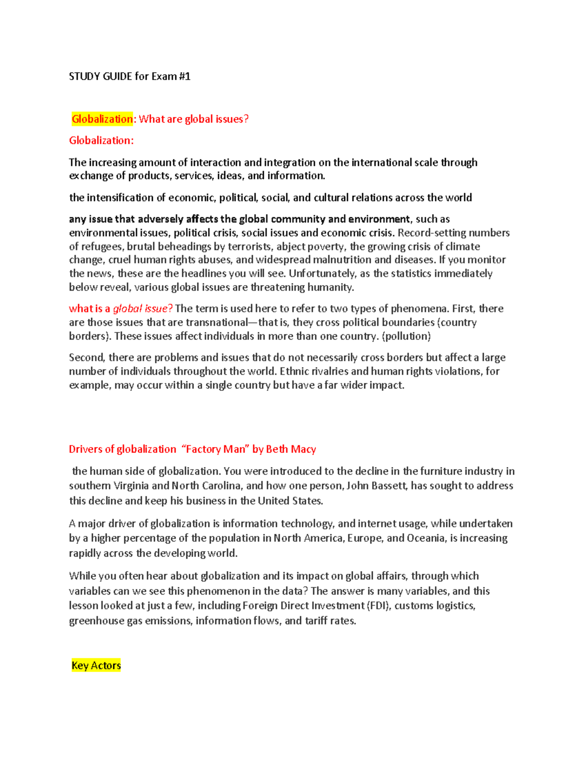 Study Guide Global issues - STUDY GUIDE for Exam # Globalization : What ...