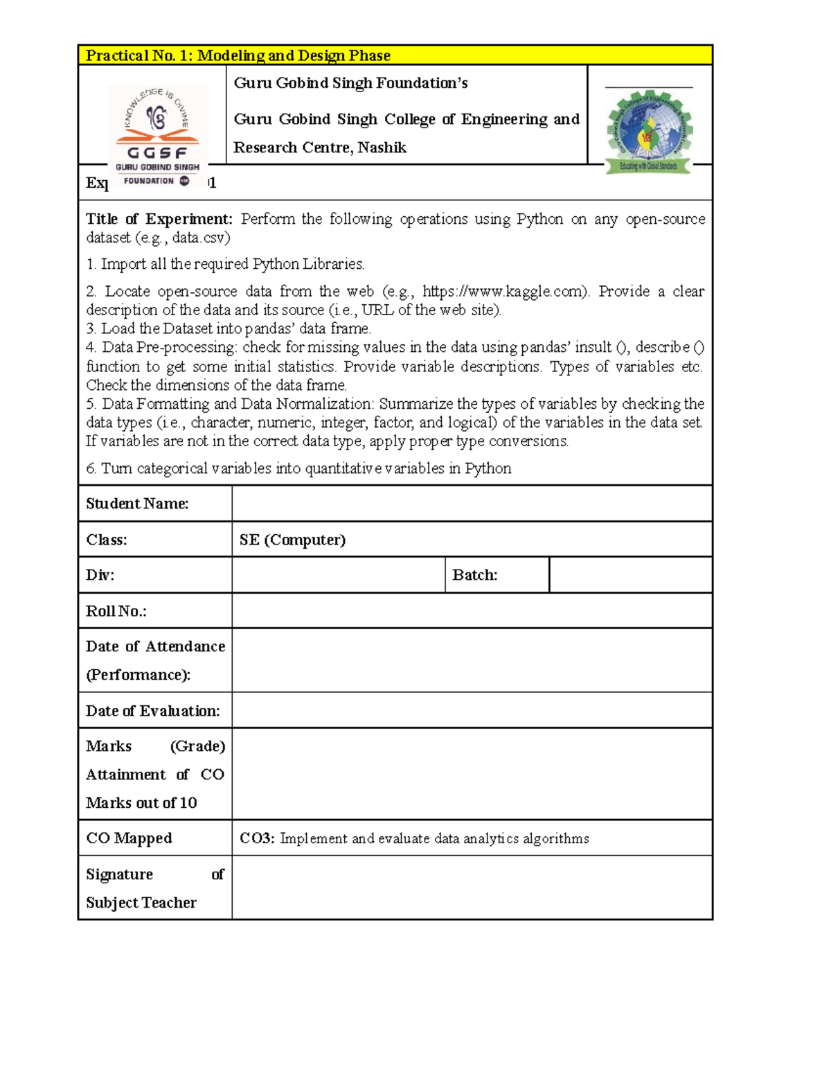 Dsbda Manual Assignment 1 - Practical No. 1: Modeling and Design Phase Guru Gobind Singh - Studocu