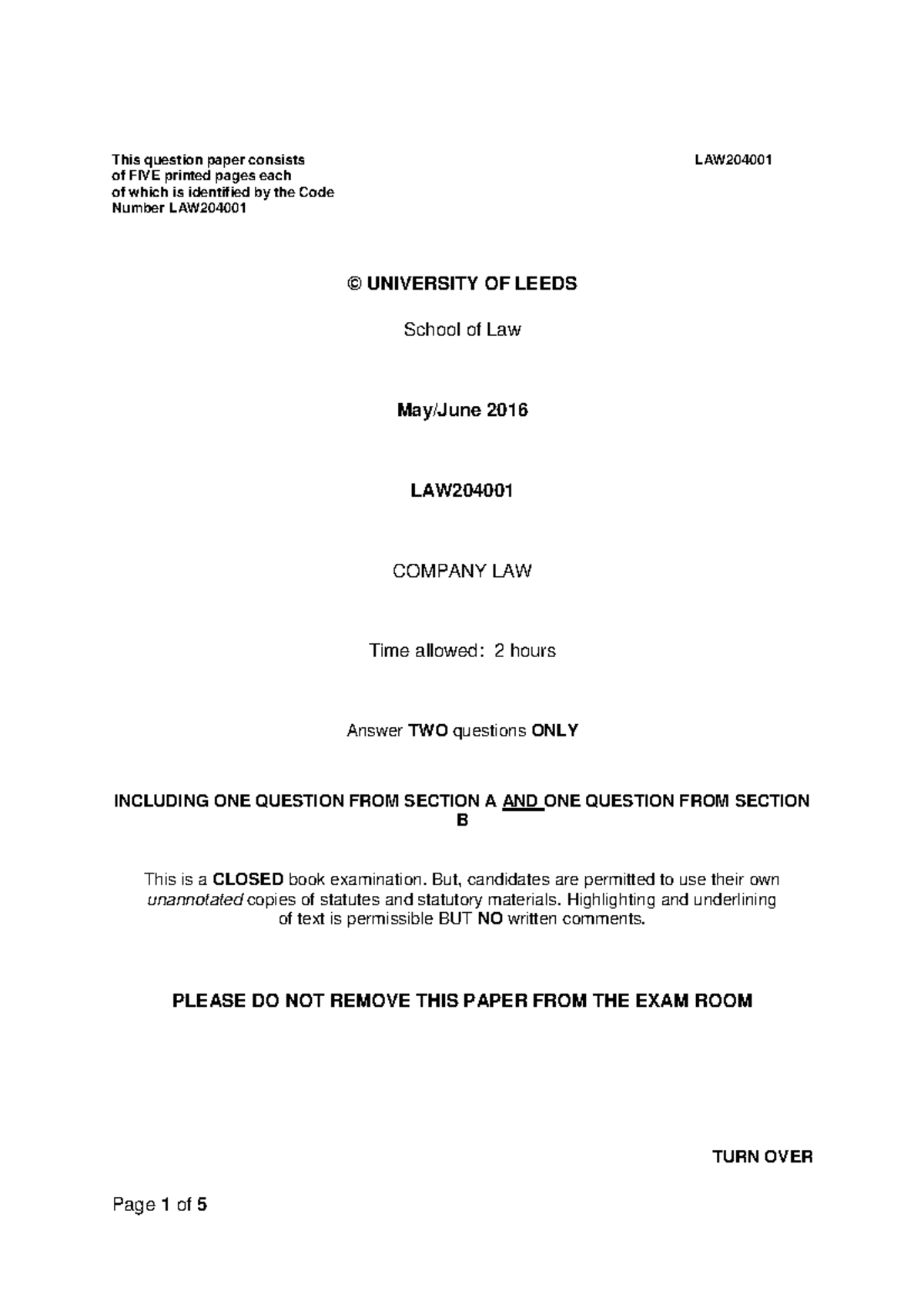 Company past paper - This question paper consists LAW of FIVE printed ...