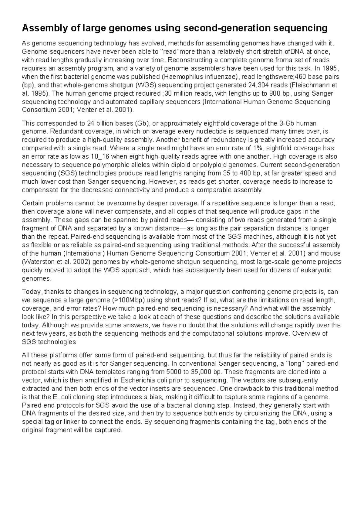 Assembly of large genomes using second-generation - Genome sequencers ...