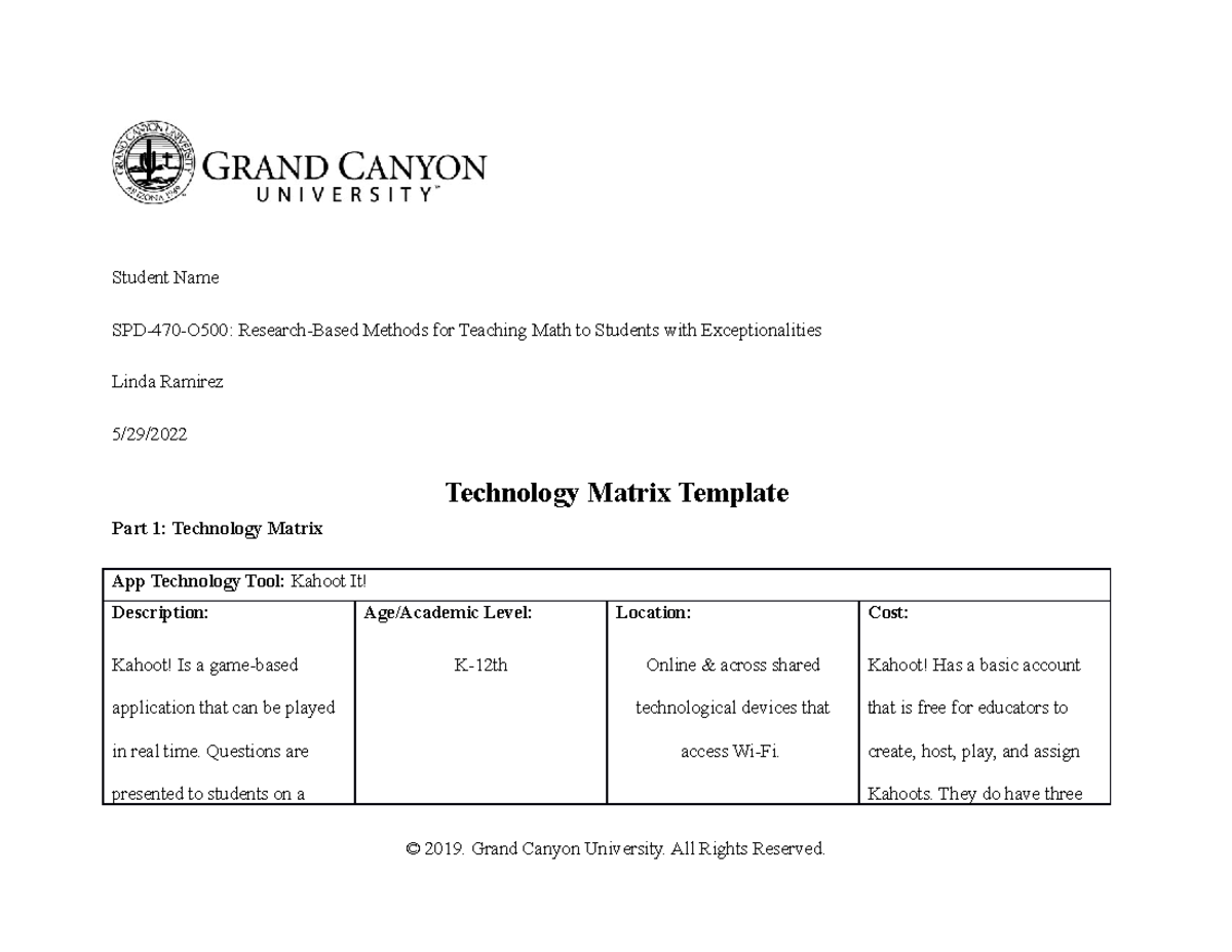GCU SPD-470-O500 Week 5 Assignment Technology Matrix and At Home Video ...